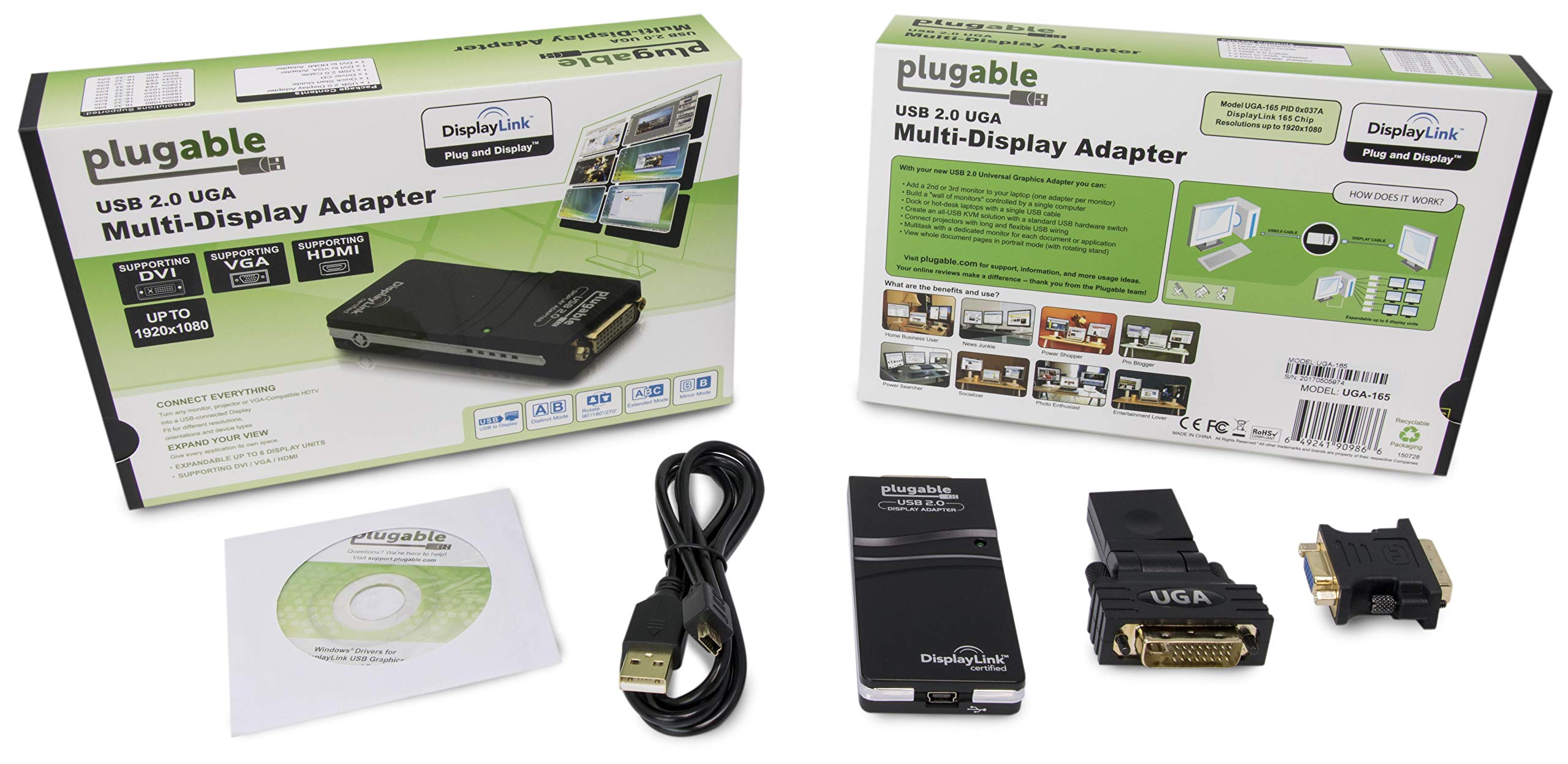 Plugable USB 2.0 to DVI, VGA, or HDMI Multi-Monitor External Video Graphics Card Adapter up to 1920x1080 Supports Windows 11, 10, 8.1, 7, XP, Mac, and ChromeOS