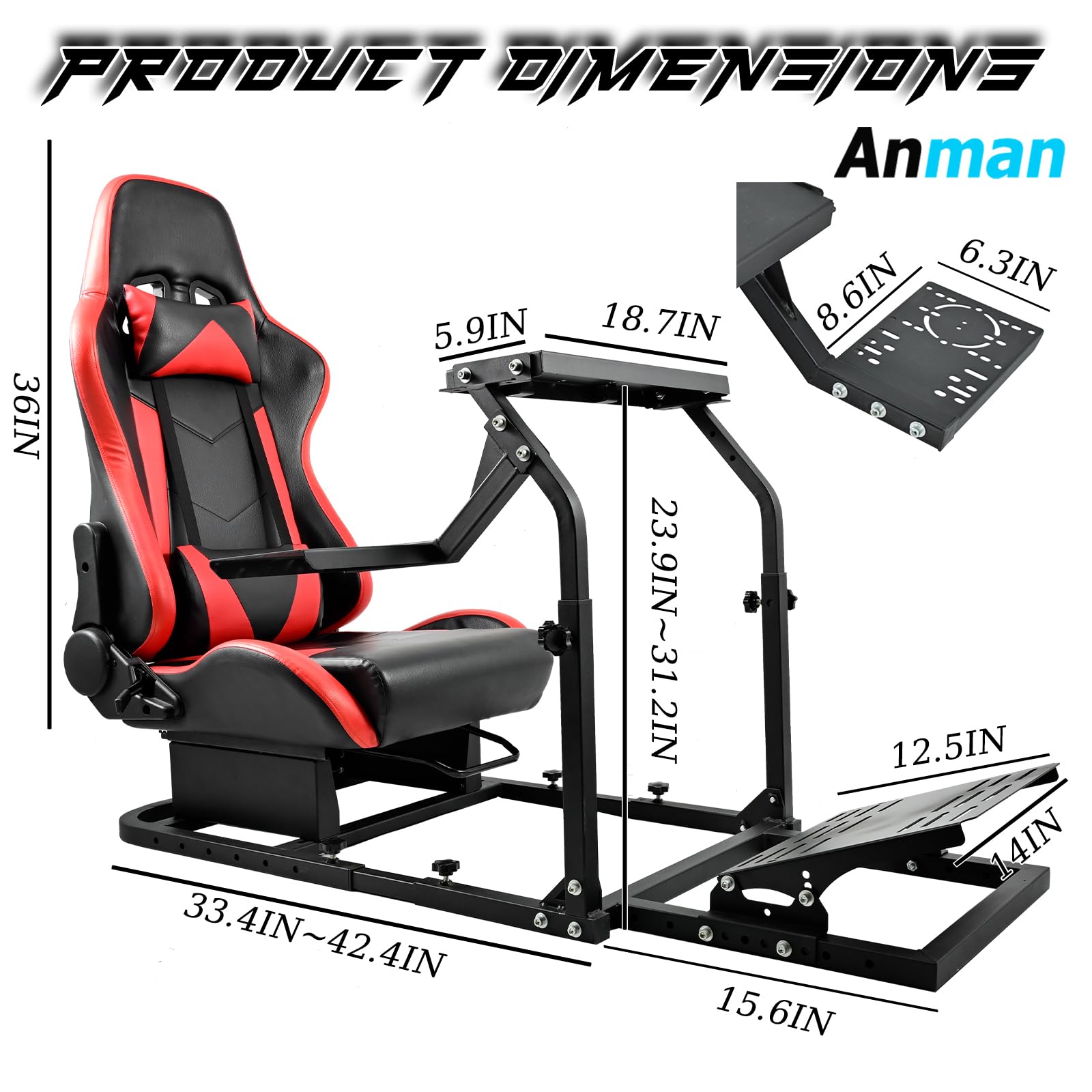 Anman Generic Racing Simulator Cockpit with Racing Seat fit for Logitech Fanatec Thrustmaster G27,G29,G920,T500RS,T300RS,Racing Wheel Stand Video Game fit for PC,PS4,Xbox,Wheel Shifter Pedals Without