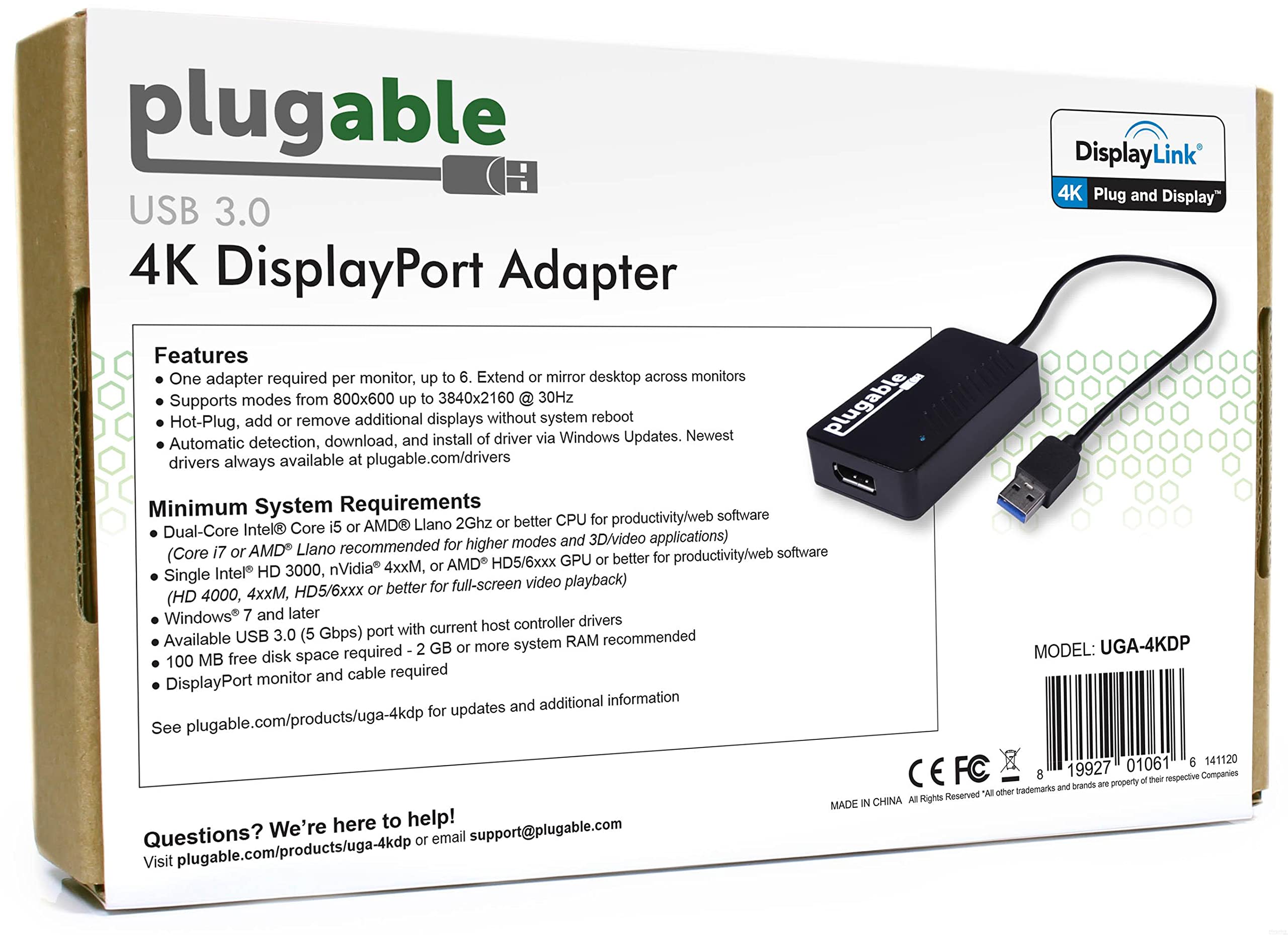 Plugable USB 3.0 to DisplayPort 4K DisplayLink Video Graphics Adapter for Multiple Monitors up to 3840x2160 Supports Windows, Mac, and ChromeOS
