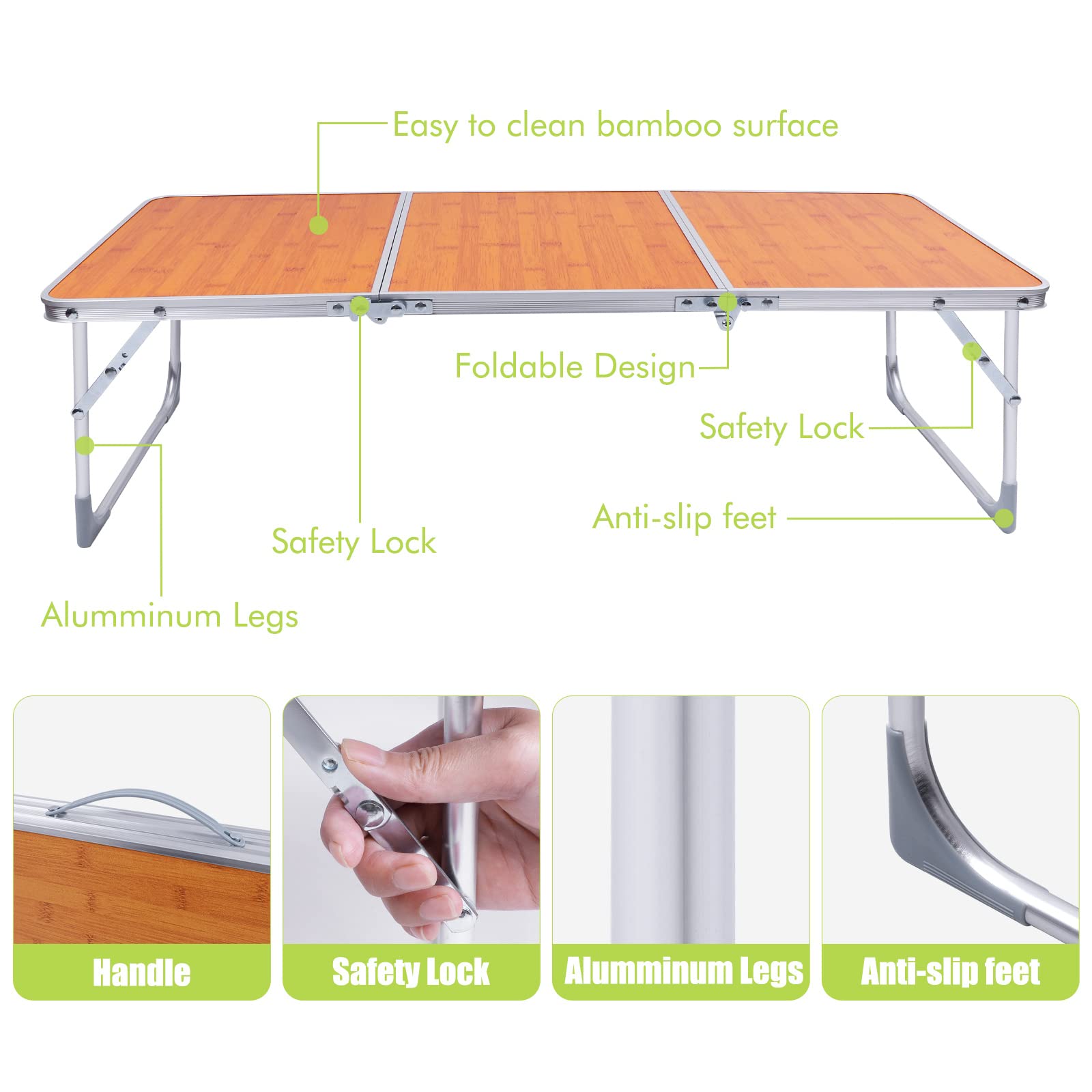 AO LI GEI Folding Camping Table,Portable Picnic Table Foldable Lightweight Outdoor Aluminum Legs,3 Fold Beach Table Carrying Handle for Party Picnic Beach Camping Home Office Cooking Beach