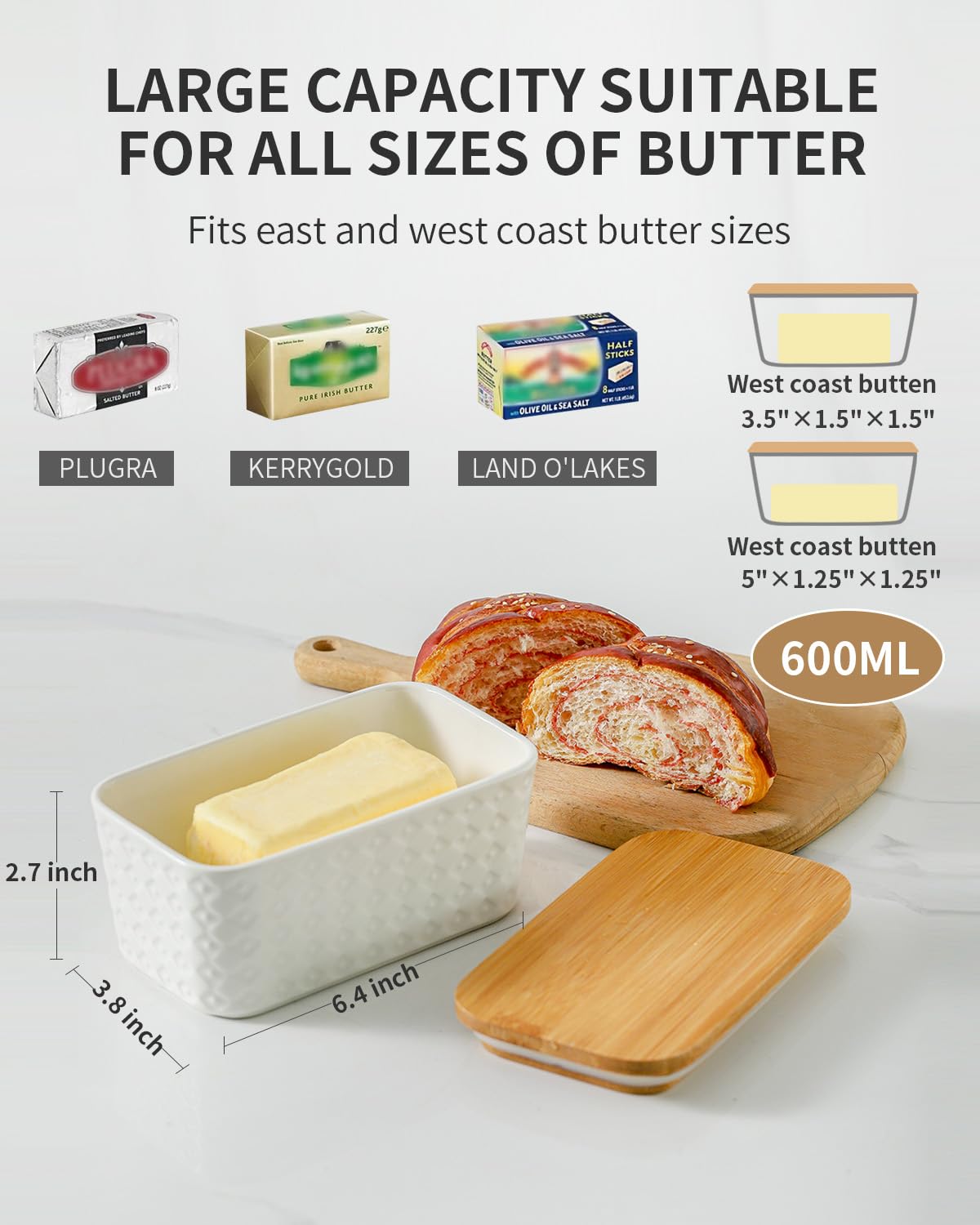 Hasense Large Butter Dish with Lid for Countertop - Farmhouse Ceramic Butter Container Holder with Cover for Fridge,Silicone Sealing,White Embossed Pattern,Holds Two Sticks of Butter