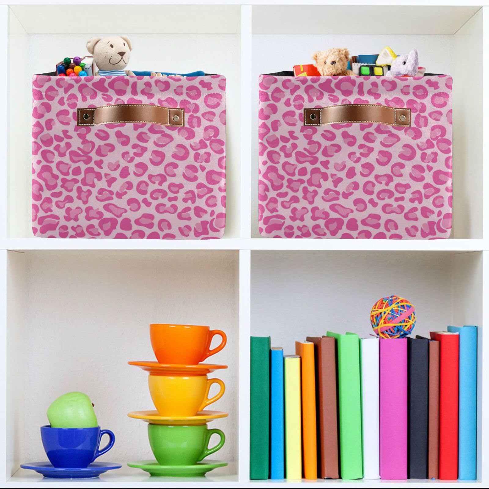 YETTASBIN Pink Leopard Storage Basket 1pc, Large Collapsible Toys Clothes Organizer, Durable Canvas Storage Bin with Handle for Shelves Closet Laundry Home Office Decor
