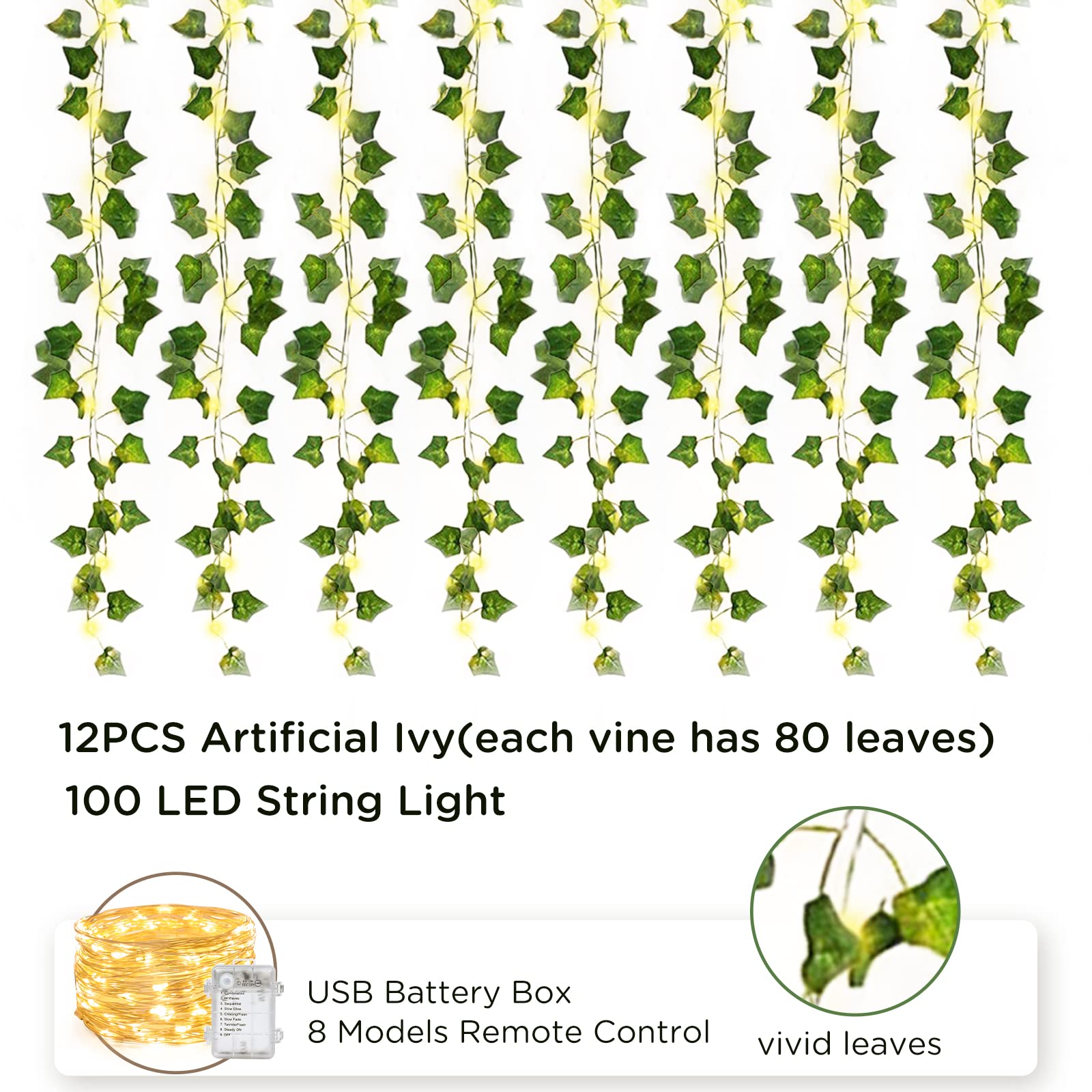 PETVAY Vine Lights, 12 Pcs 84 Ft Artificial Ivy Garland Leaf Vine with 100 LED String Light & Battery Operated, Fake Hanging Plant Light for Bedroom Wall Garden Wedding Party Home and Kitchen Décor