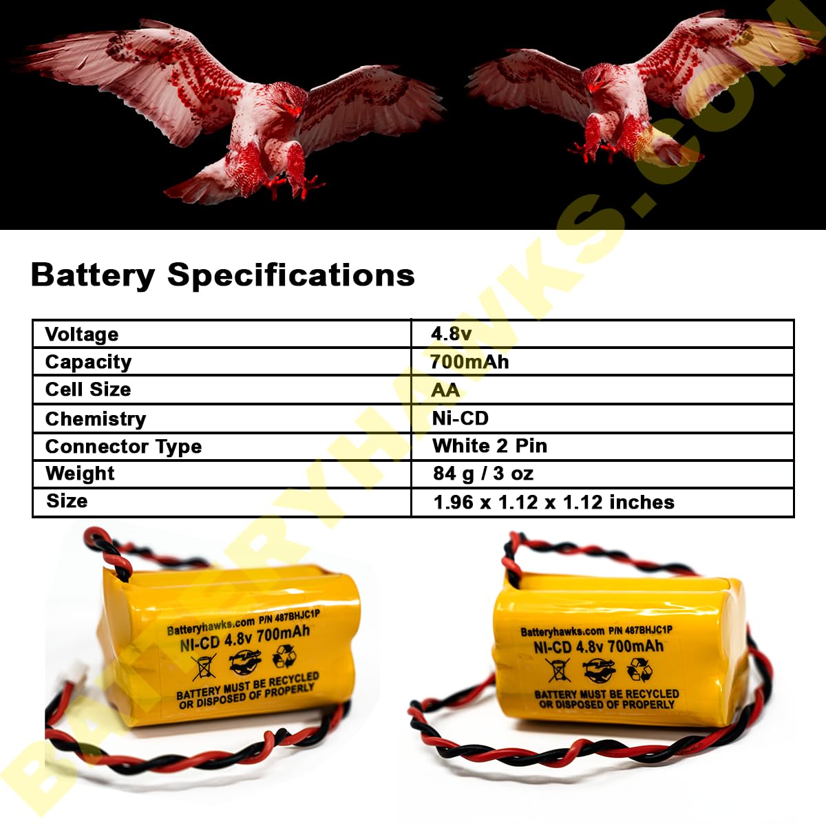 Battery Hawk (4 Pack) Ni-CD Unitech AA500MAH BL93NC487 DAA700MAH4.8V BST 4.8v 700mAh D-AA500mAh AA600mAh ELB-B006