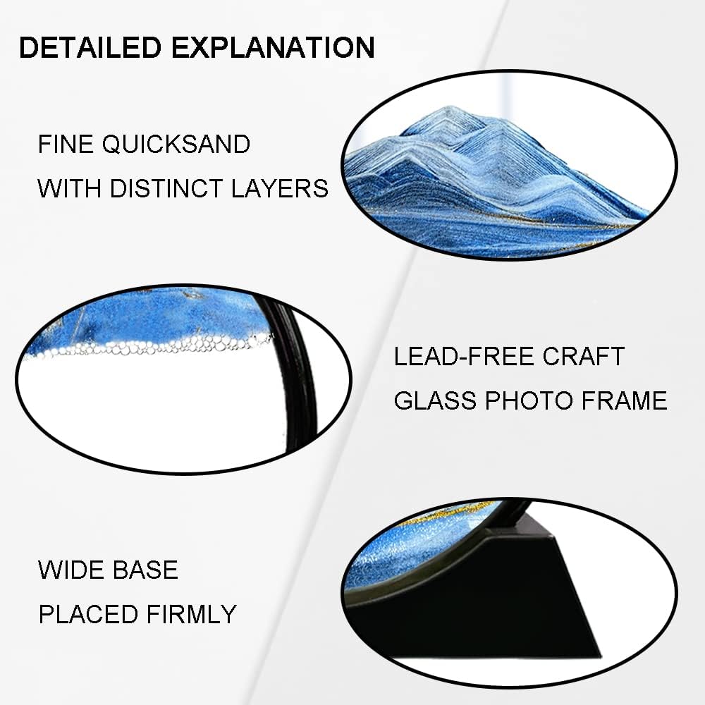 Feilicraft Moving Sand Art Picture Round Glass Frame Sandscapes 3D Deep Sea Display in Motion Dynamic Flowing Grit Photo Hourglass Desktop Art Home Office Decoration Party Gift (12‘’, Blue)