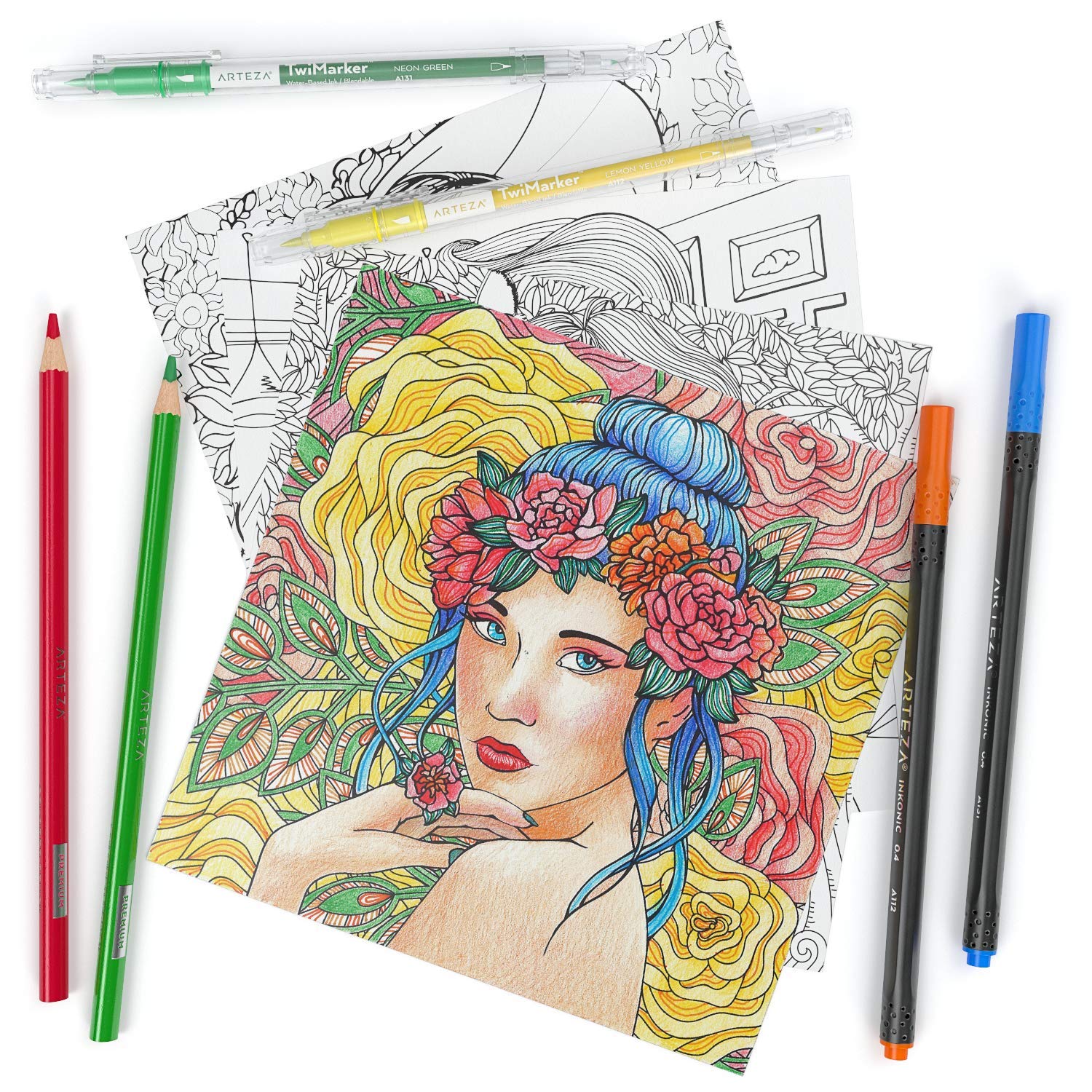 ARTEZA Adult Coloring Book, Portrait Illustrations, 72 Sheets, 6.4x6.4 Inches Coloring Pages, 100 lb Paper