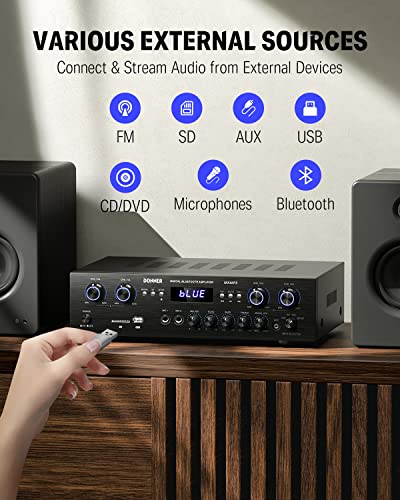 Donner Bluetooth 5.0 Stereo Audio Amplifier Receiver, 4 channel, 440W Peak Power Home Theater Stereo Receiver USB, SD,FM, 2 Mic IN Echo, RCA, LED, Speaker Selector For Studio, Home-MAMP5