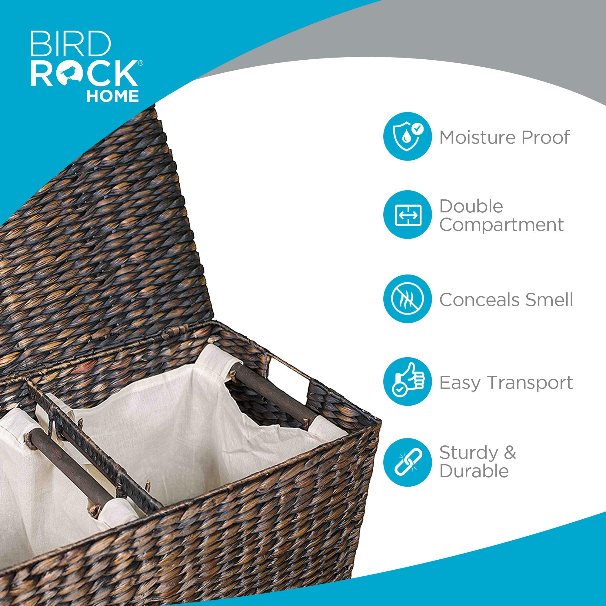 BIRDROCK HOME Handwoven Double Laundry Hamper | Removable Liner Bags | Laundry Basket with Lid - College Dorm Room Essentials, Bathroom, Bedroom, Home Clothes Storage, Organization | Espresso