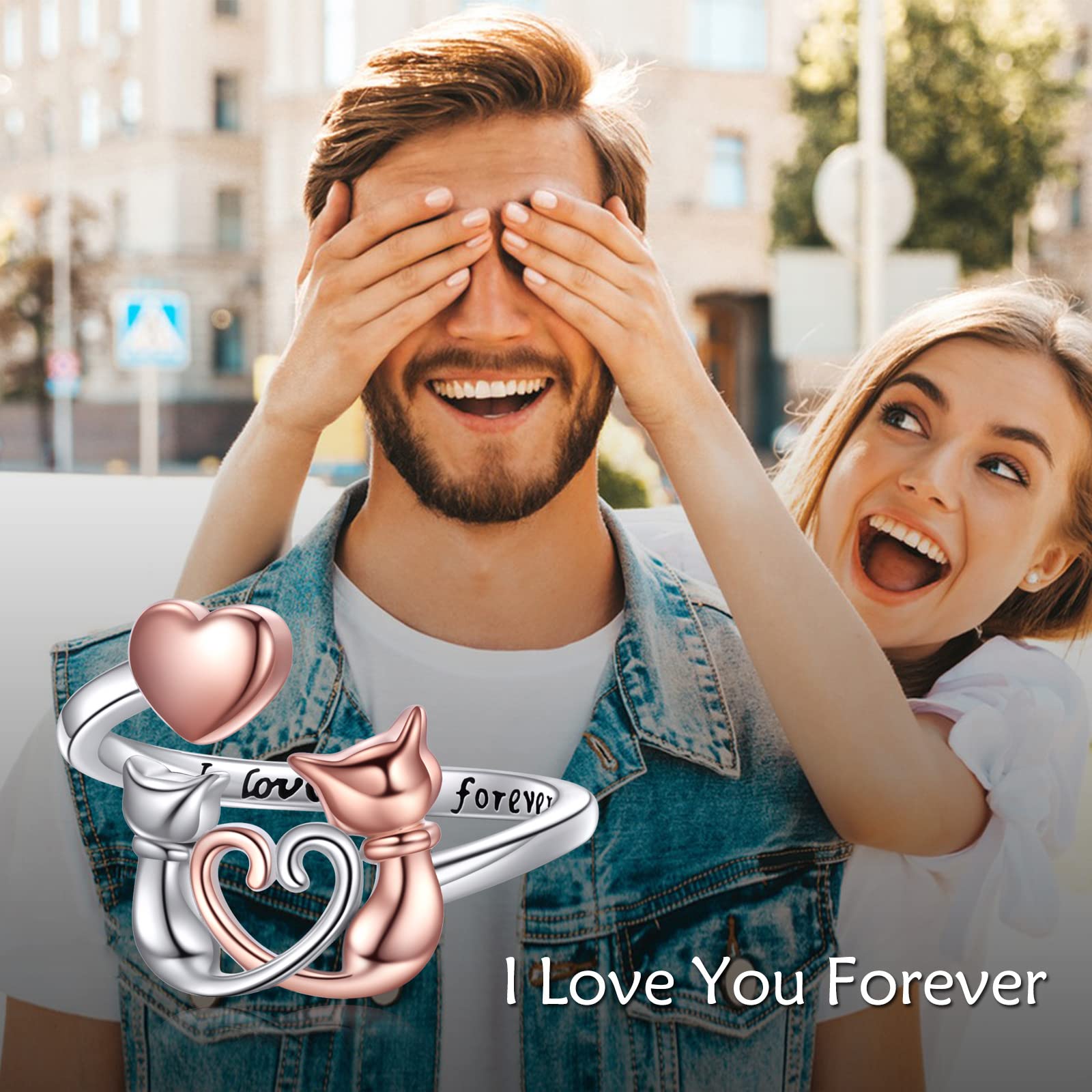 AOBOCO Sterling Silver Cat Ring for Women I Love You Cat Ring Jewelry Gift