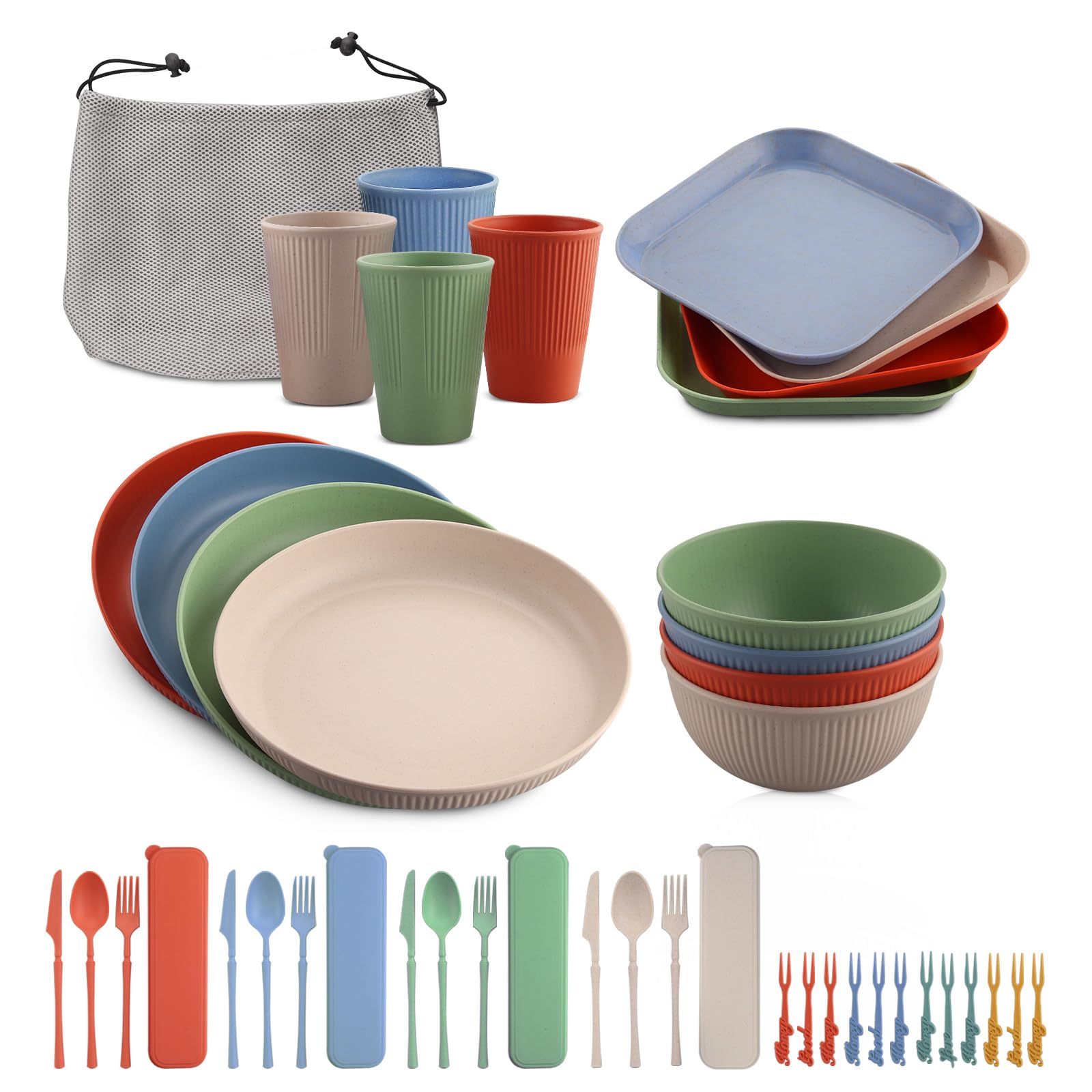 FUNYKICH 44PCS Plastic Dinnerware Set, Unbreakable Plates and Bowls Sets, Reusable Dishes Set for 4 with Plates, Bowls, Cups, Cutlery Set(Knife,Fork,Spoon), Fruit Forks, Dishwasher Microwave Safe