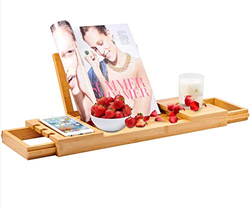 Utoplike Bamboo Bathtub Caddy Tray Bath Tray for Tub, Adjustable Bathroom Bathtub Organizer with Book Tablet Wine Glass Cup Towel Holder,Distinctive Gift for Christmas