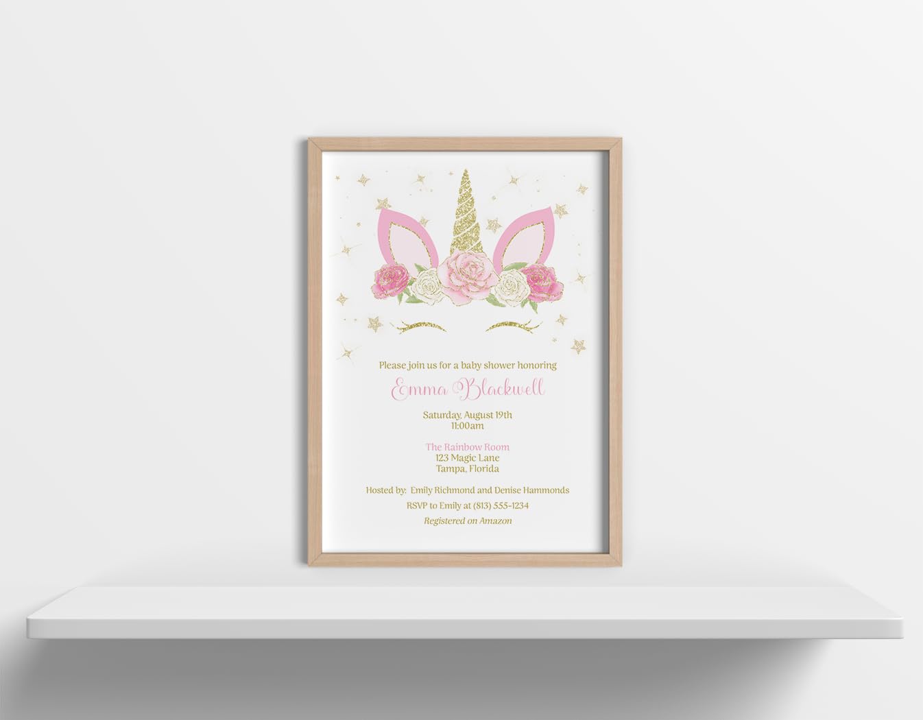 Unicorn Baby Shower Invitations Magical Birthday Party Pink Gold Mystical Glitter Sparkle Custom Printed Cards (12 count)