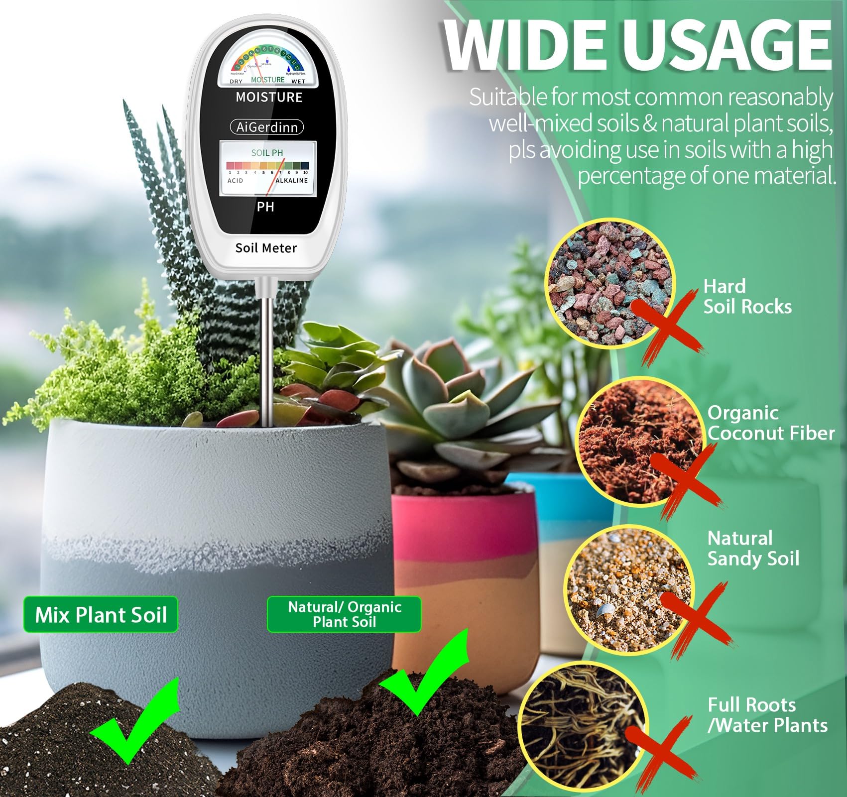 AiGerdinn Soil Test Kit, Soil Moisture Meter, Soil pH Meter -Dual Dial-Simultaneously-Display Results-Soil pH Tester, Moisture Meter for House Plants,Lawn,Garden,Farm Indoor&Outdoor- White