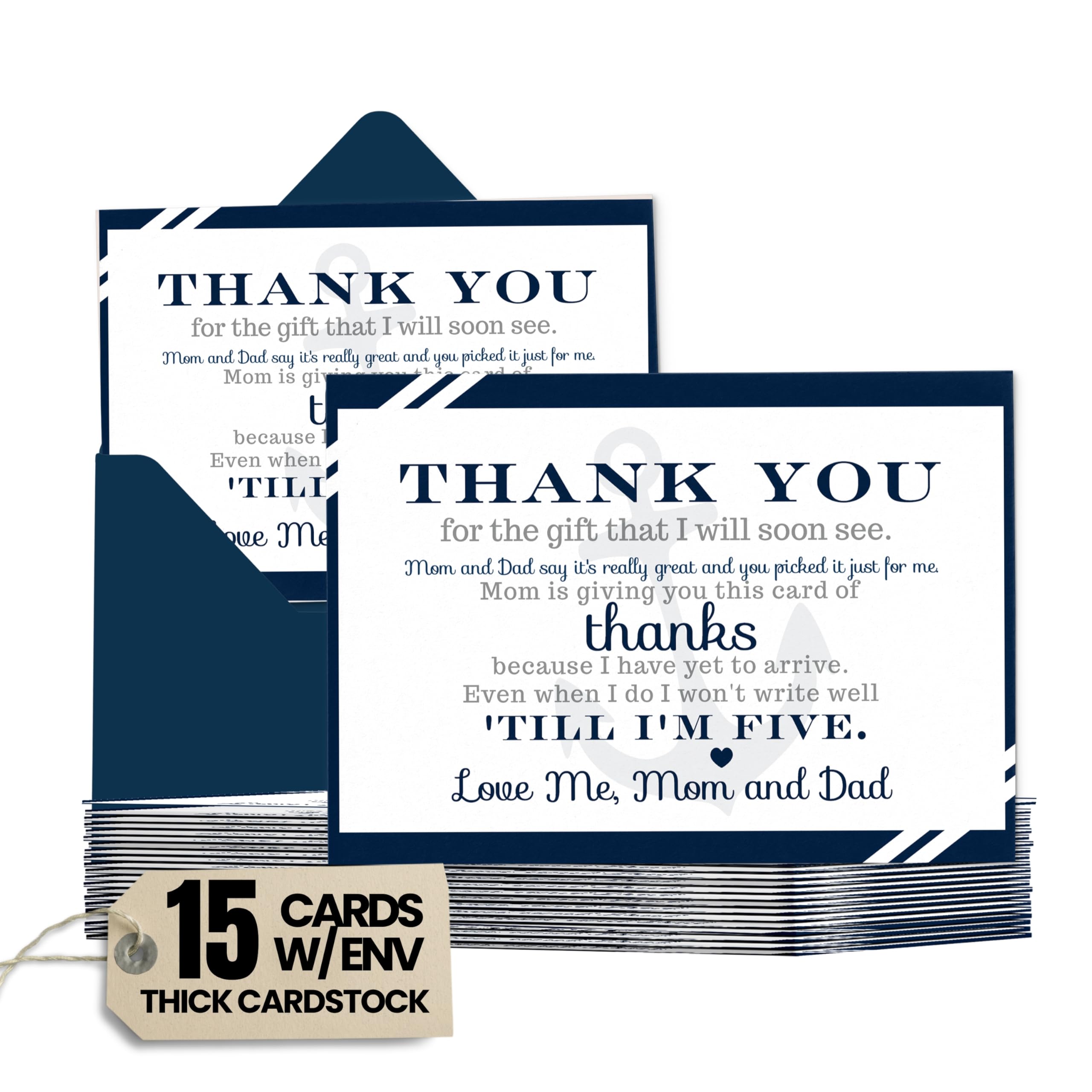 Paper Clever Party Nautical Baby Shower Thank You Cards with Envelopes Blank Notes Prefilled with Message Boys Personalize for Registry Gifts Anchor Notecard Set Blue 4x6 Stationery, 15 Pack