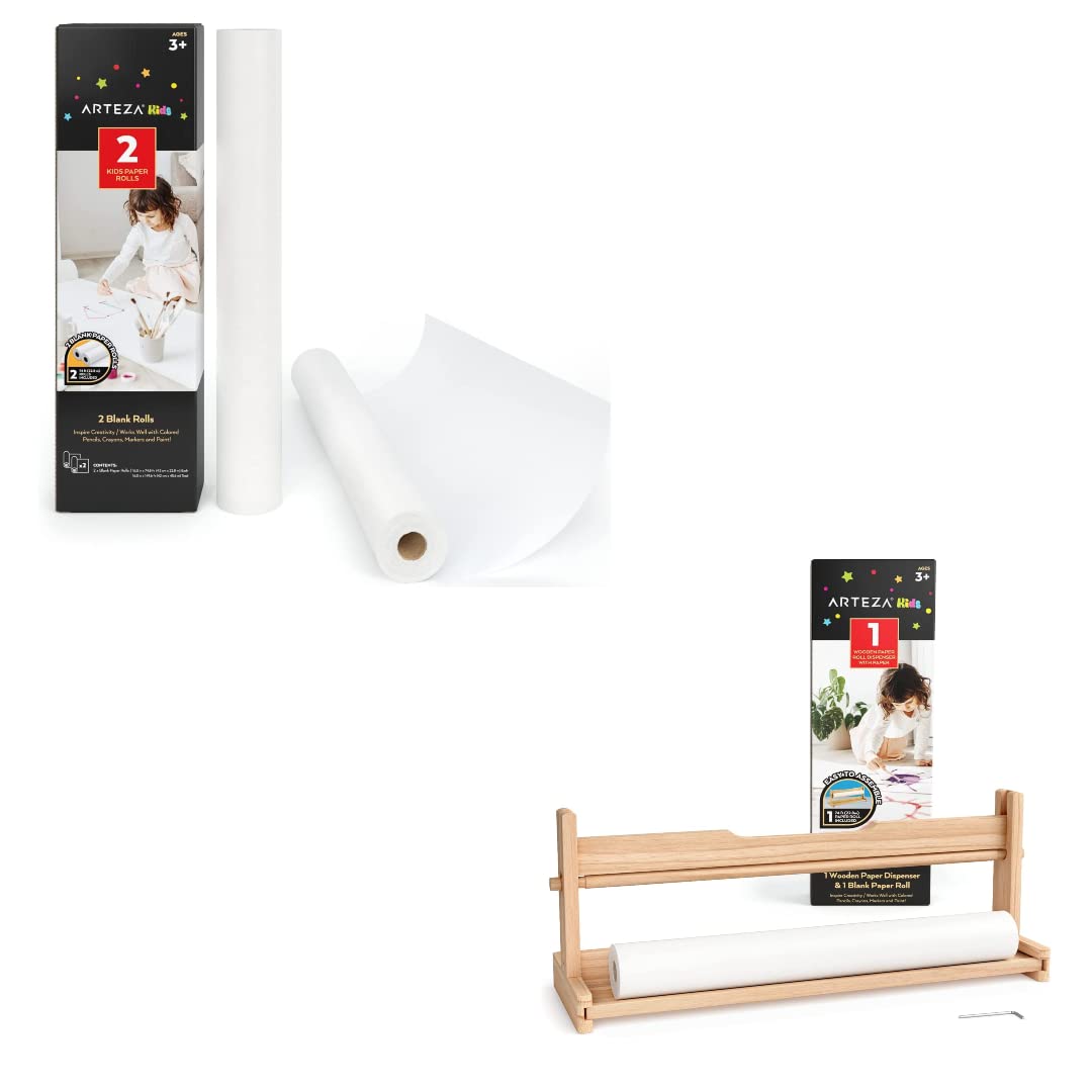 Arteza Kids Paper Roll Dispenser and Arteza Kids Drawing Paper Roll Refill, 2-Pack, Art Supplies for Kids Activity Organizing, Sticker Storage, and Learning Centers