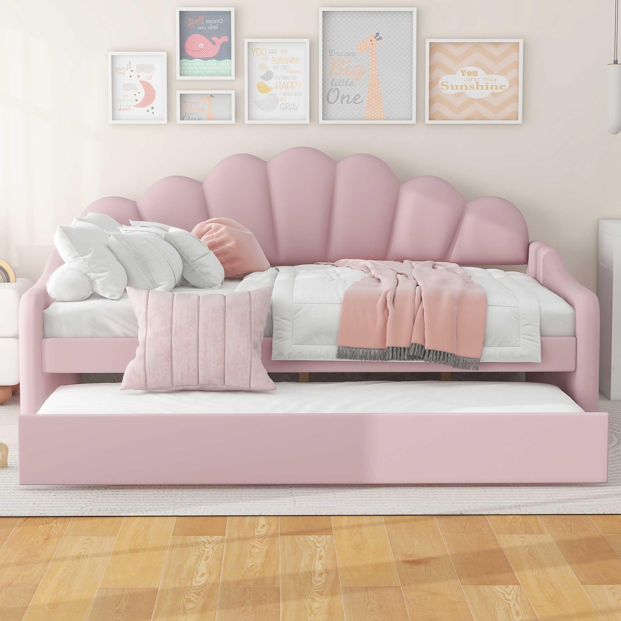 SOFTSEA Daybeds with Trundle, Full Upholstered Daybed with Trundle, Pink Modern Velvet Upholstered Daybed with Shell Headboard, Full Size Tufted Sofa Bed Daybed Frame for Bedroom, Pink