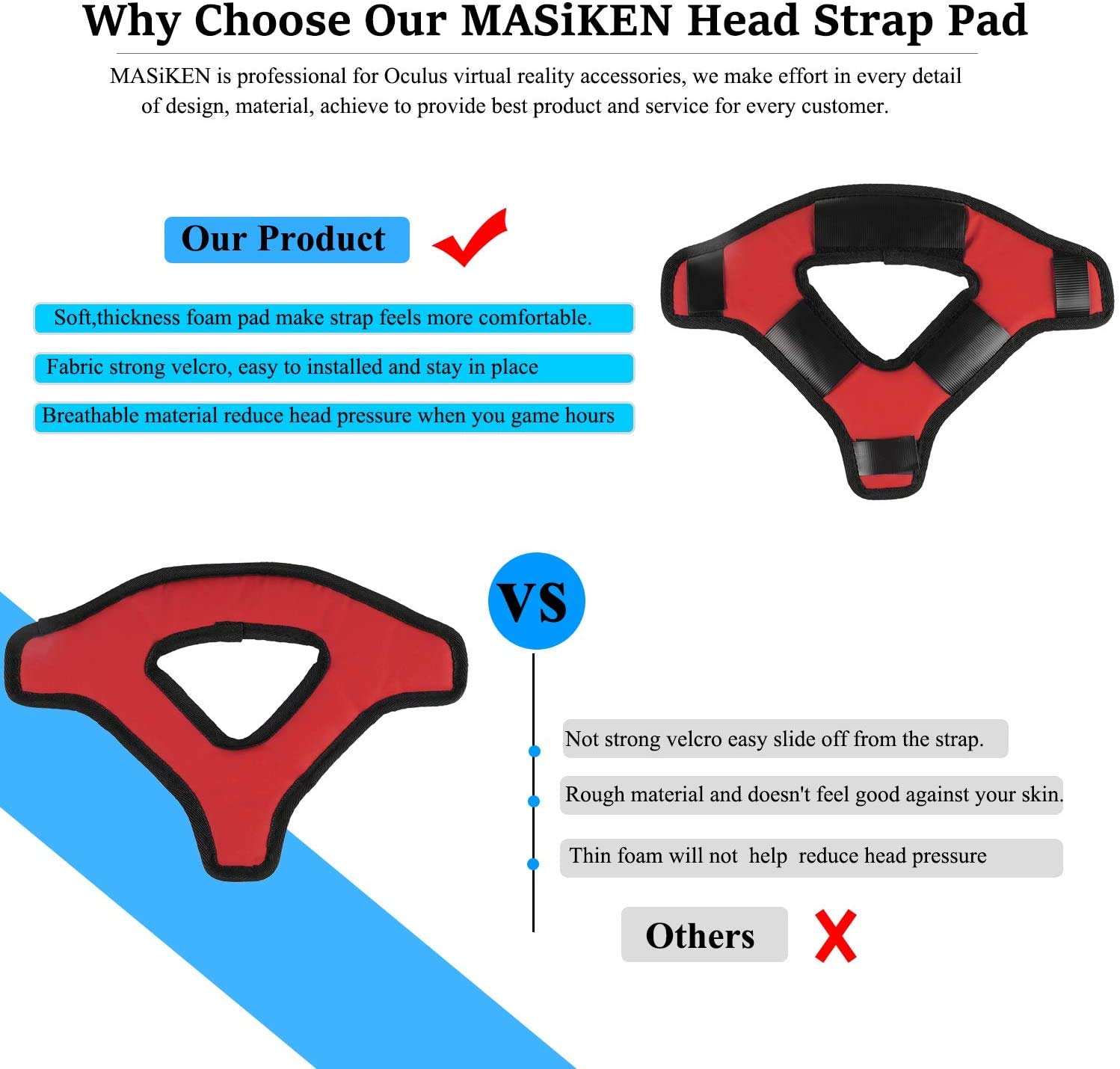 MASiKEN Professional Head Strap Pad for Oculus Quest 2 and Quest Headband Replacement Accessories, Comfortable PU Leather Head Cushion & Reduce Head Pressure (Red)