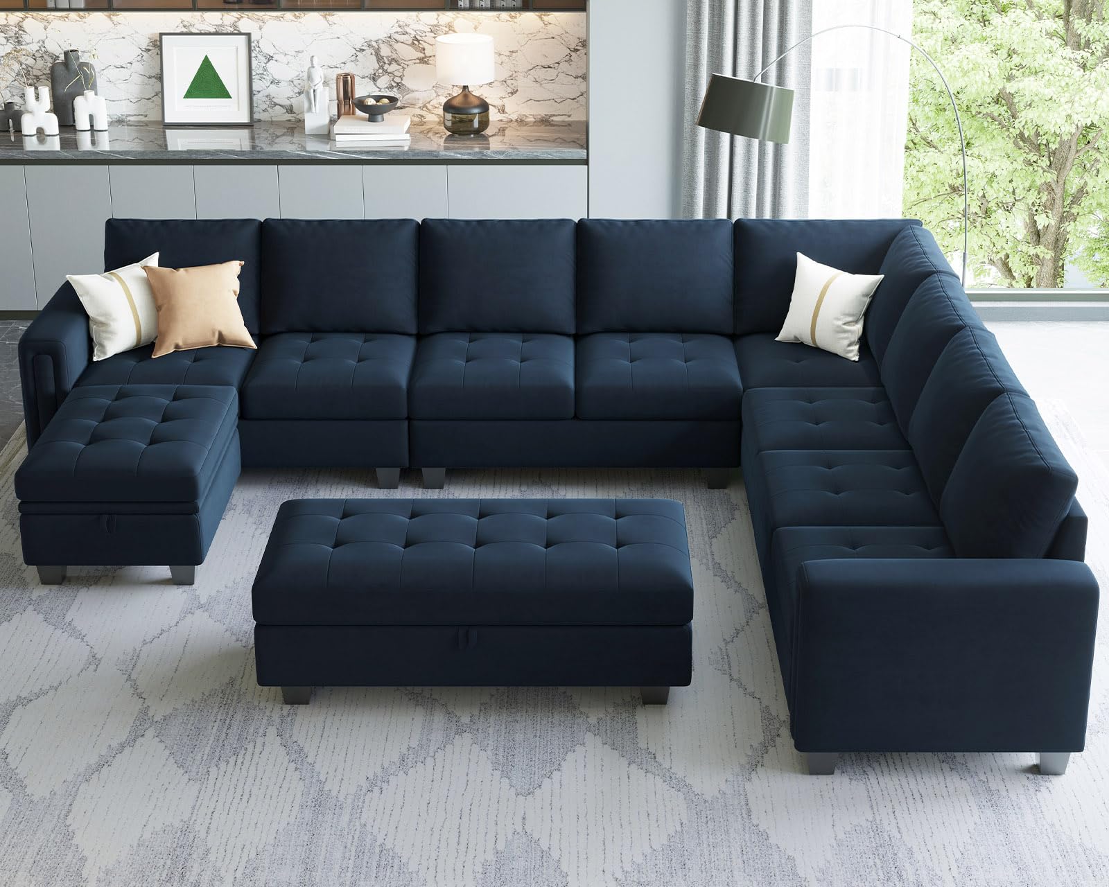 Belffin Velvet Modular Sectional Sofa Set L Shaped Sectional Sofa Couch with Reversible Chaise Oversized Convertible Corner Sectional Sofa Couch with Storage Ottoman Blue