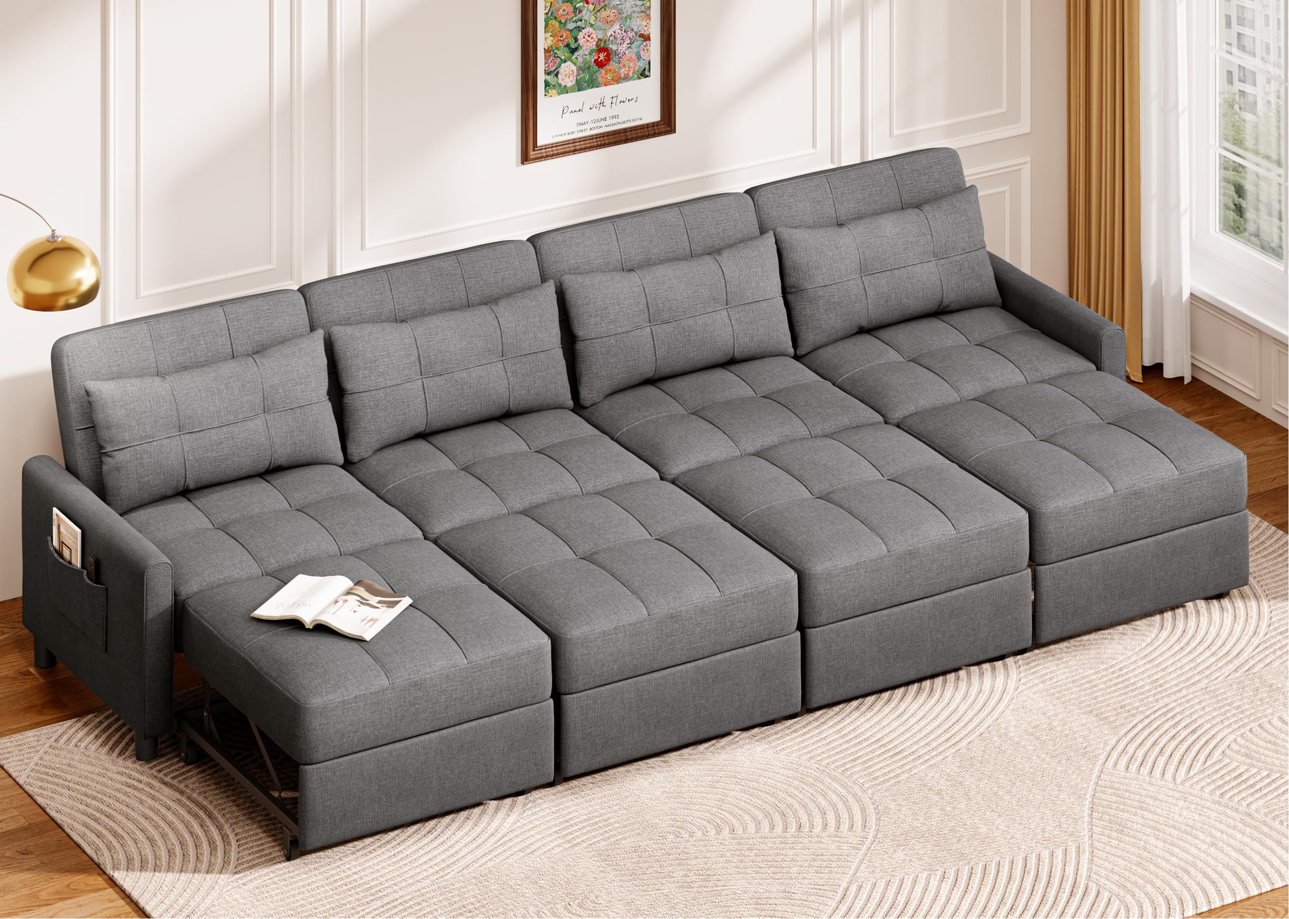 Aiho Pull Out Couch - 4-Seater Sectional Sleeper Sofa, Convertible with Adjustable Backrest & Spring Support for Living Room, Dark Grey
