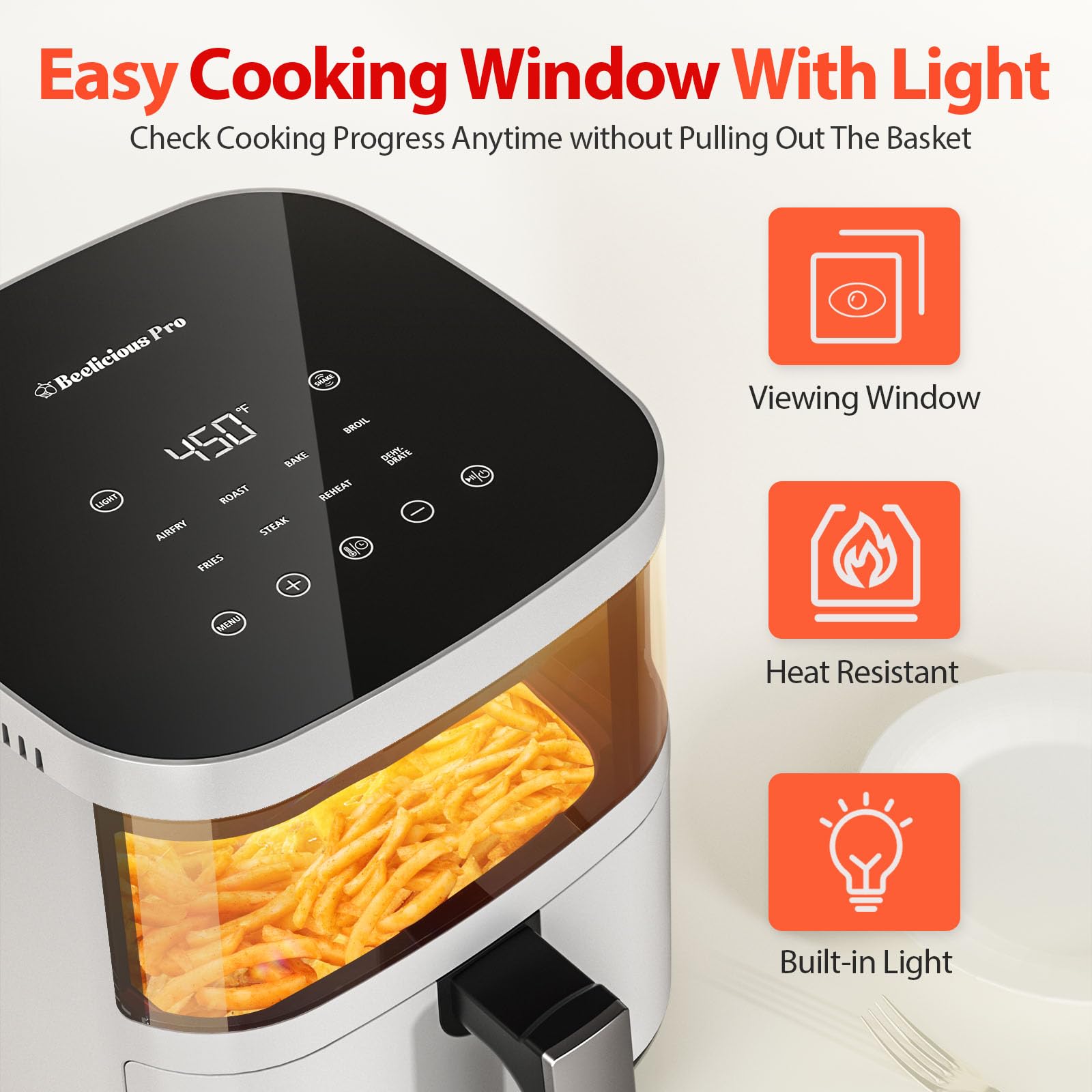Air Fryer,Beelicious® 8-in-1 Smart Compact 4QT Air Fryers,with Viewing Window,Shake Reminder,450°F Digital Airfryer with Flavor-Lock Tech,Dishwasher-Safe & Nonstick,Fit for 1-3 People,White