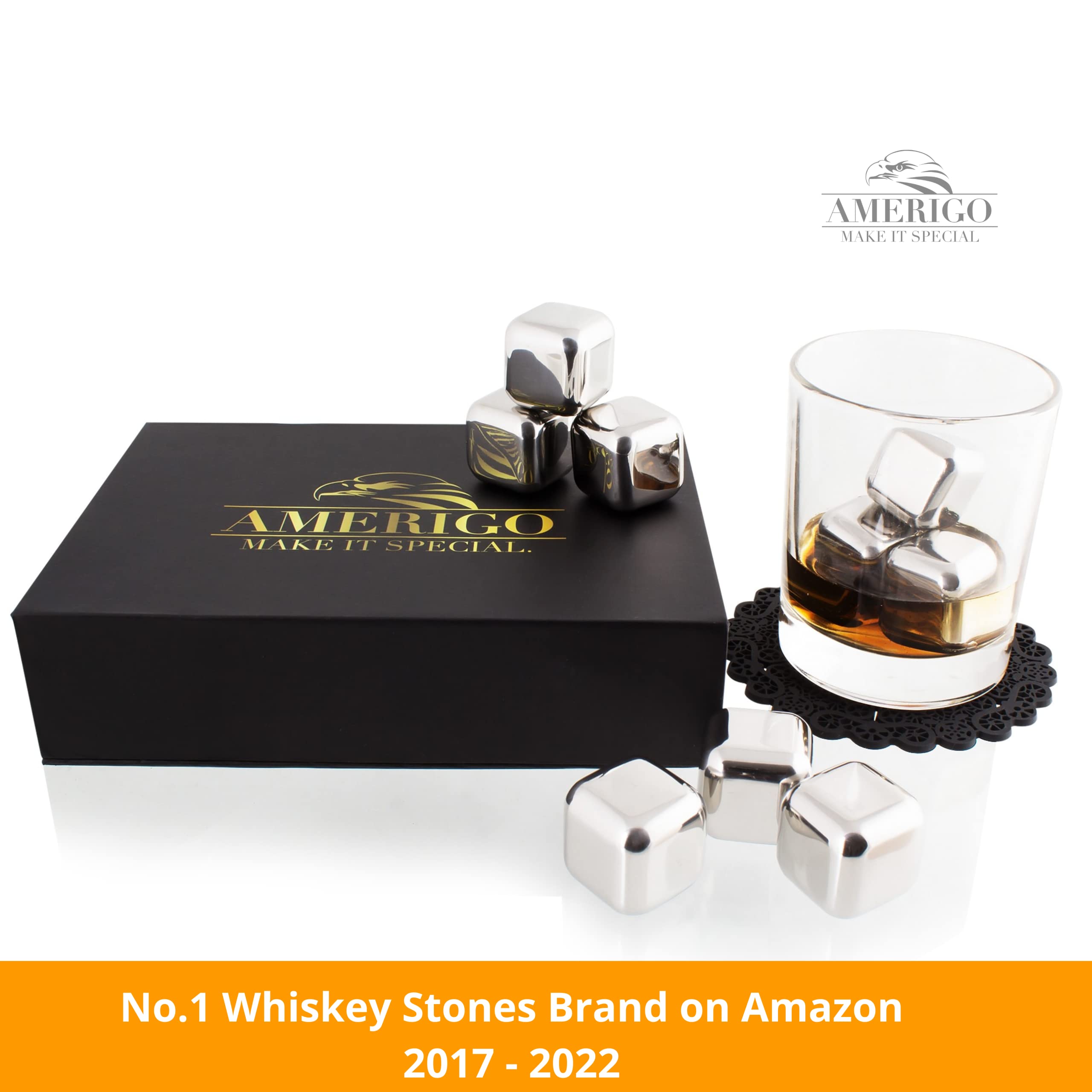 πππ¦π§ ππππ§: Exclusive Whiskey Stones Gift Set - High Cooling Technology - Reusable Ice Cubes - Stainless Steel Whisky Rocks - Whiskey Gifts for Men - Regalos para Hombre - Coasters + Ice Tongs