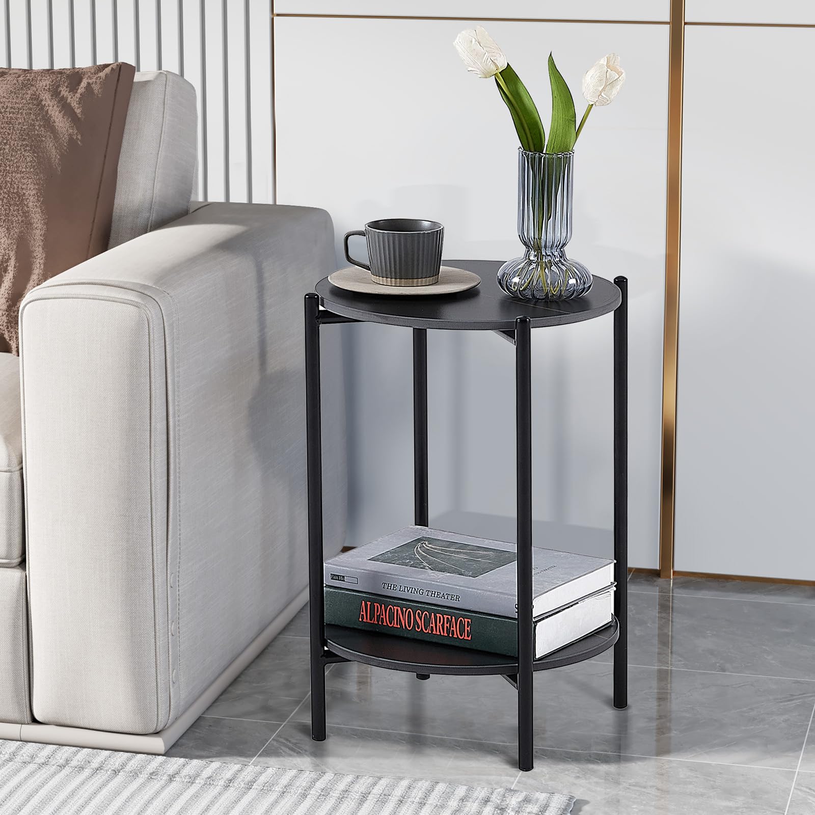 Aimerive Modern 2- Tier Side Table with Removable Marble Tabletop, Small End table with Metal Frame, Modern Round Nightstand for Bedroom, Living Room Coffee Table for Balcony Patio (Black)