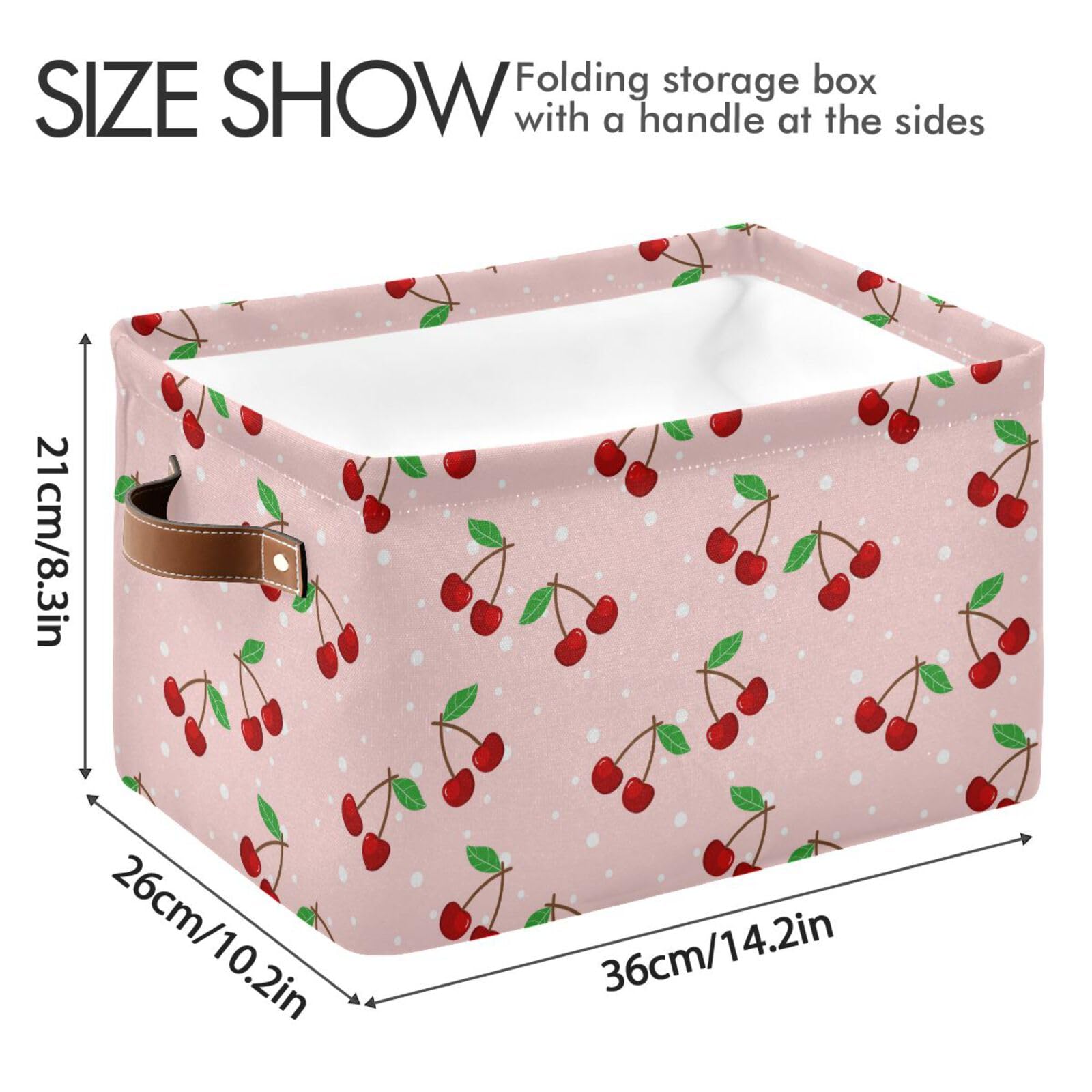 YEGAME Storage Basket Cherry Rectangular Collapsible Canvas Shelves Storage Bins with Leather Handles for Shelves Home Closet Bedroom Living Room, 1Pack