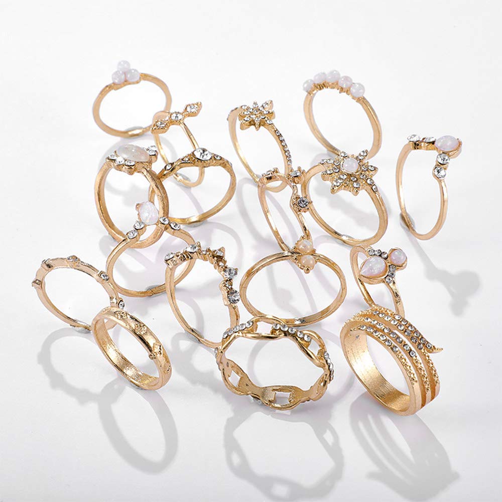 Aimimier 17 Pcs Bohemian Stackable Joint Knuckle Ring Set Crystal Opal Genstone Sun Star Finger Ring Diamond-studded Midi Rings for Women