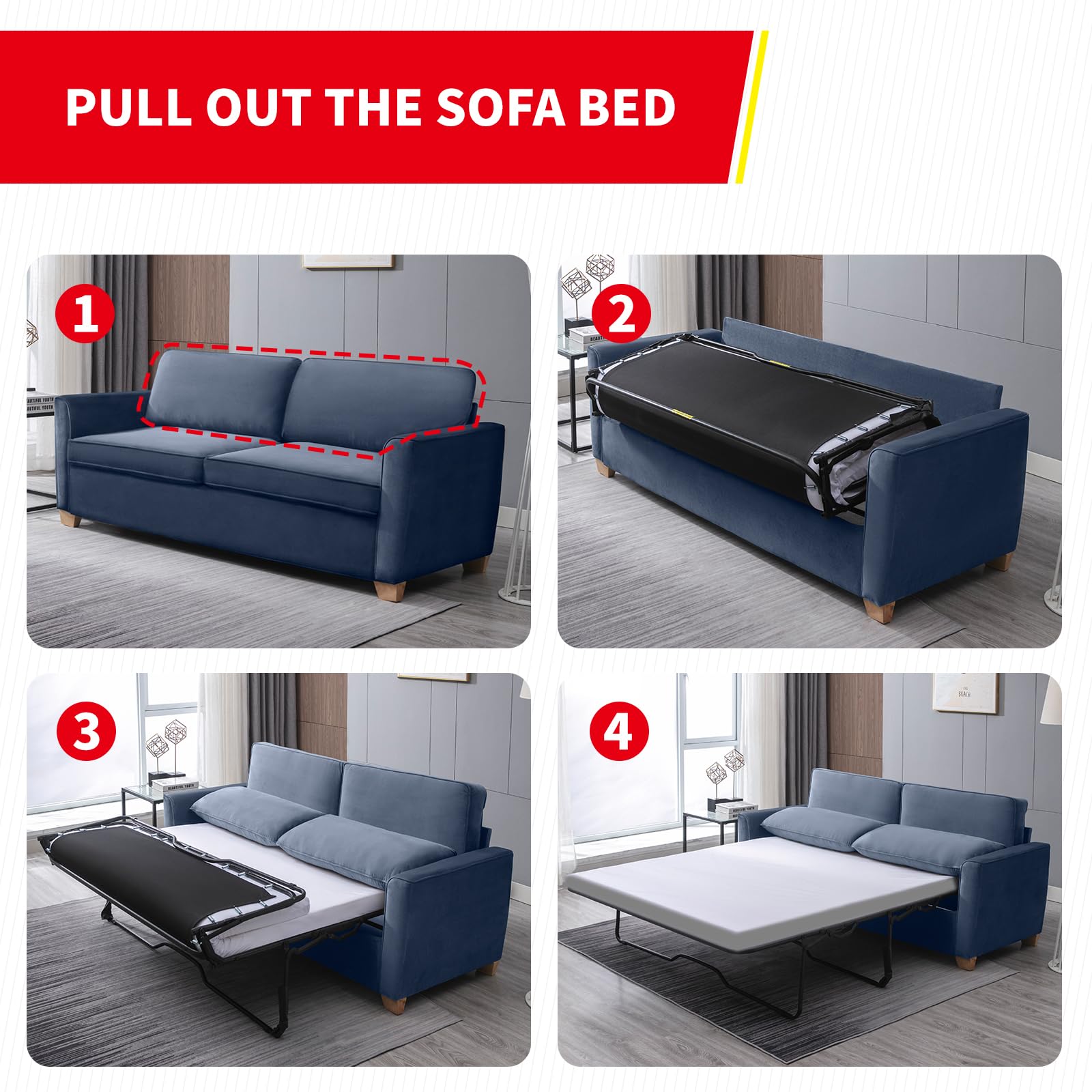 PUREMIND 70" Folding Sofa Bed with Comfortable Mattress, Convertible Sleeper Sofa Pull Out Couch for Living Room, Velvet Upholstery, Easy Assembly, Ideal for Small Spaces, Full Size, Blue
