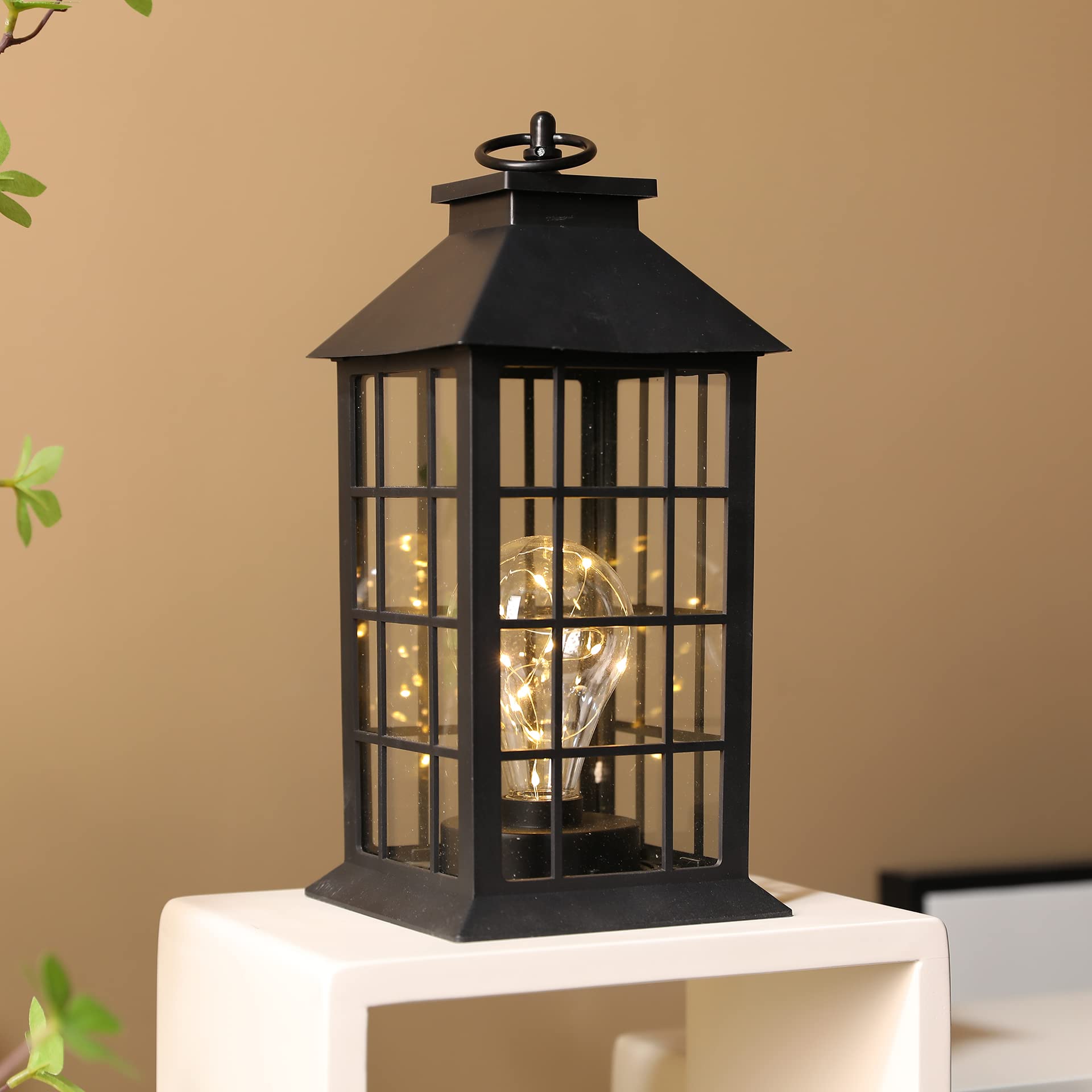 JHY DESIGN Waterproof Decorative Hanging Lantern 12''High Plastic Lantern Holder Battery Powered with LED Bulb and 6H Timer Lights for Balcony Garden Hallway Entryway Indoor Outdoor(Square Stripe)