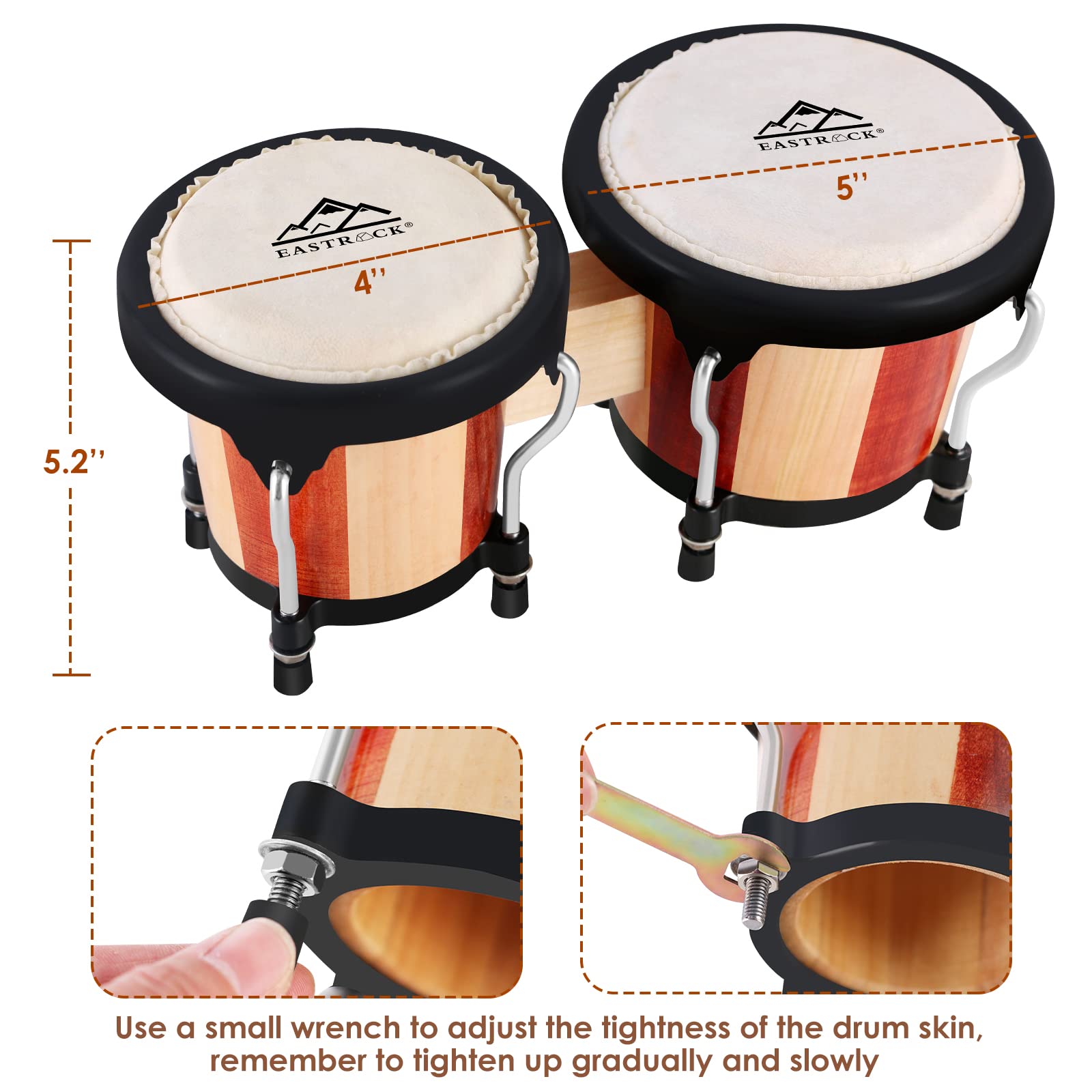 EastRock Bongo Drum 4” and 5” Bongos Drum Set for Adults Kids Beginners Professionals Tunable Wood and Metal Drum Percussion Instruments with Tuning Wrench