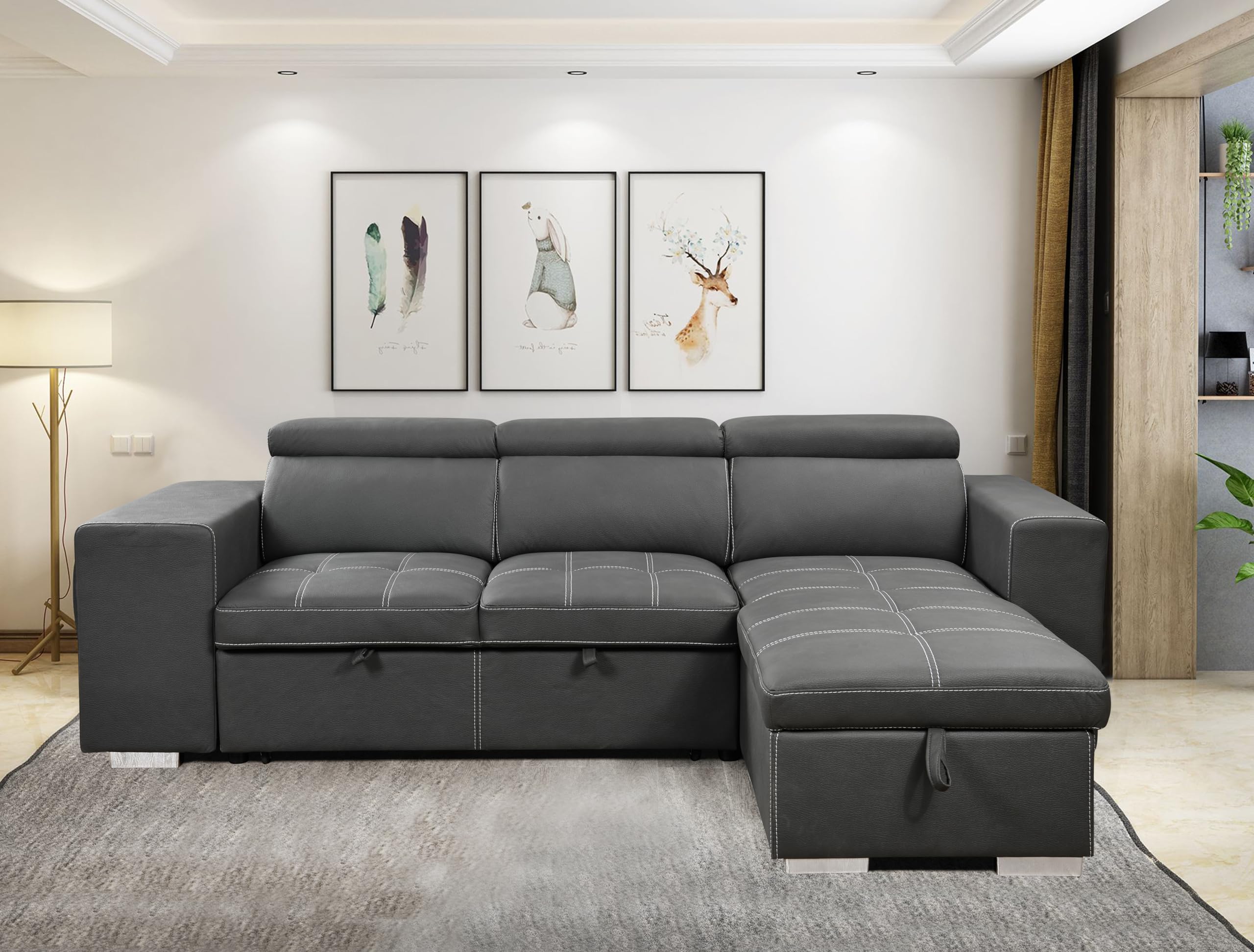 Ball & Cast 105" Sofa Bed with Storage Chaise and 2 Stools,Corner Convertible Sleeper Sectional Couch W/Adjustable Headrest,for Living Room,Apartment,Grey