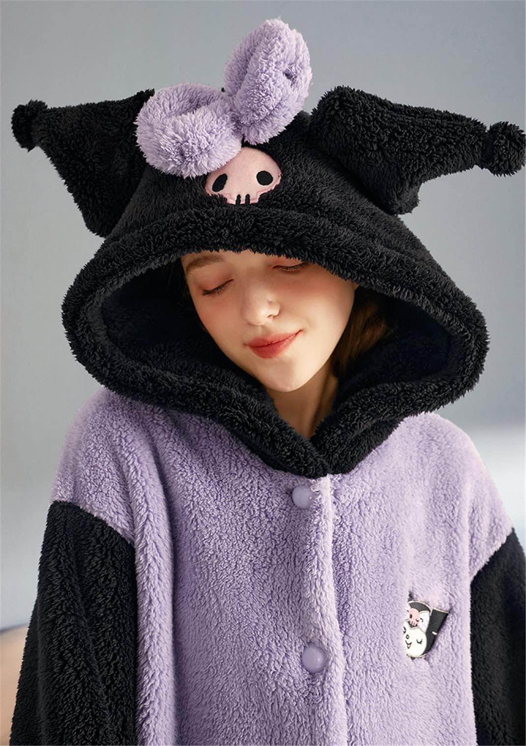 Akedimo Kawaii Anime Kuromi Winter Plush Thick Flannel Pajamas Soft Warm Comfortable Robe (Large)
