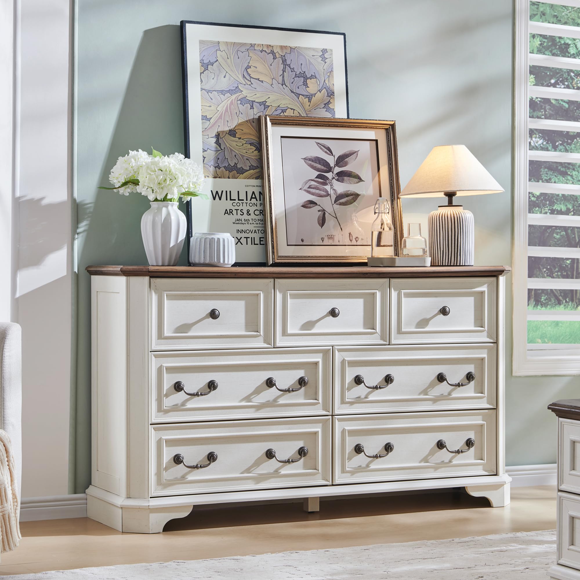 T4TREAM Farmhouse 7 Drawers Dresser for Bedroom, 54" Wide Wood Rustic Chest of Drawers with Natural Texture, Vintage Design, Storage Dressers Organizer for Bedroom, Living Room, Hallway, Antique White