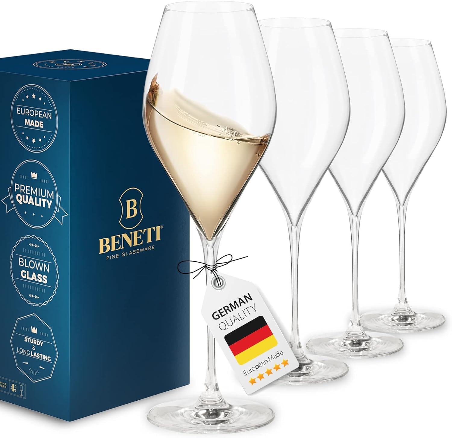 BENETI Hand-Blown European wine glasses set of 4 | 14oz Modern Long Stem Wine Glass Set for Red and White Wine