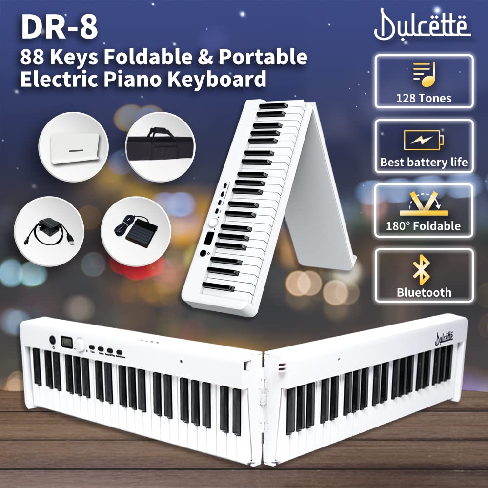 Dulcette *NEW* Foldable Electric Piano Keyboard | 88 Keys Portable Keyboard | Semi-Weighted Touch Sensitive Keys | MIDI & Dual Speakers Sustain Pedal | Digital Piano FREE Bag (White)