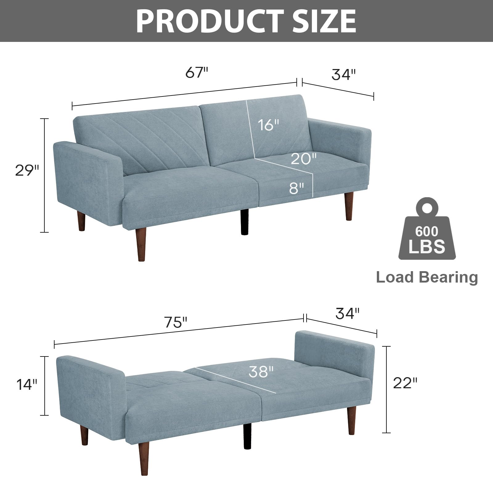 Artfurniz Folding Futon Sofa Bed: Reclining Sleeper Loveseat Convertible Modern Faux Leather Couch for Living Room Bedroom Apartment Solid Wood Leg, Light Blue