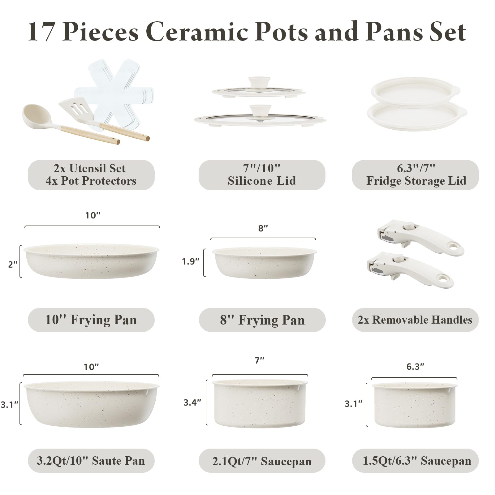 Bazova Ceramic Nonstick Cookware Set, Healthy,Non Toxic,17-Pieces Pots and Pans Set Removable Handles,Induction RV Kitchen Set,Stain & Scratch-resistant,Dishwasher/Oven Safe,PFAS/PFOA Free,Cream White
