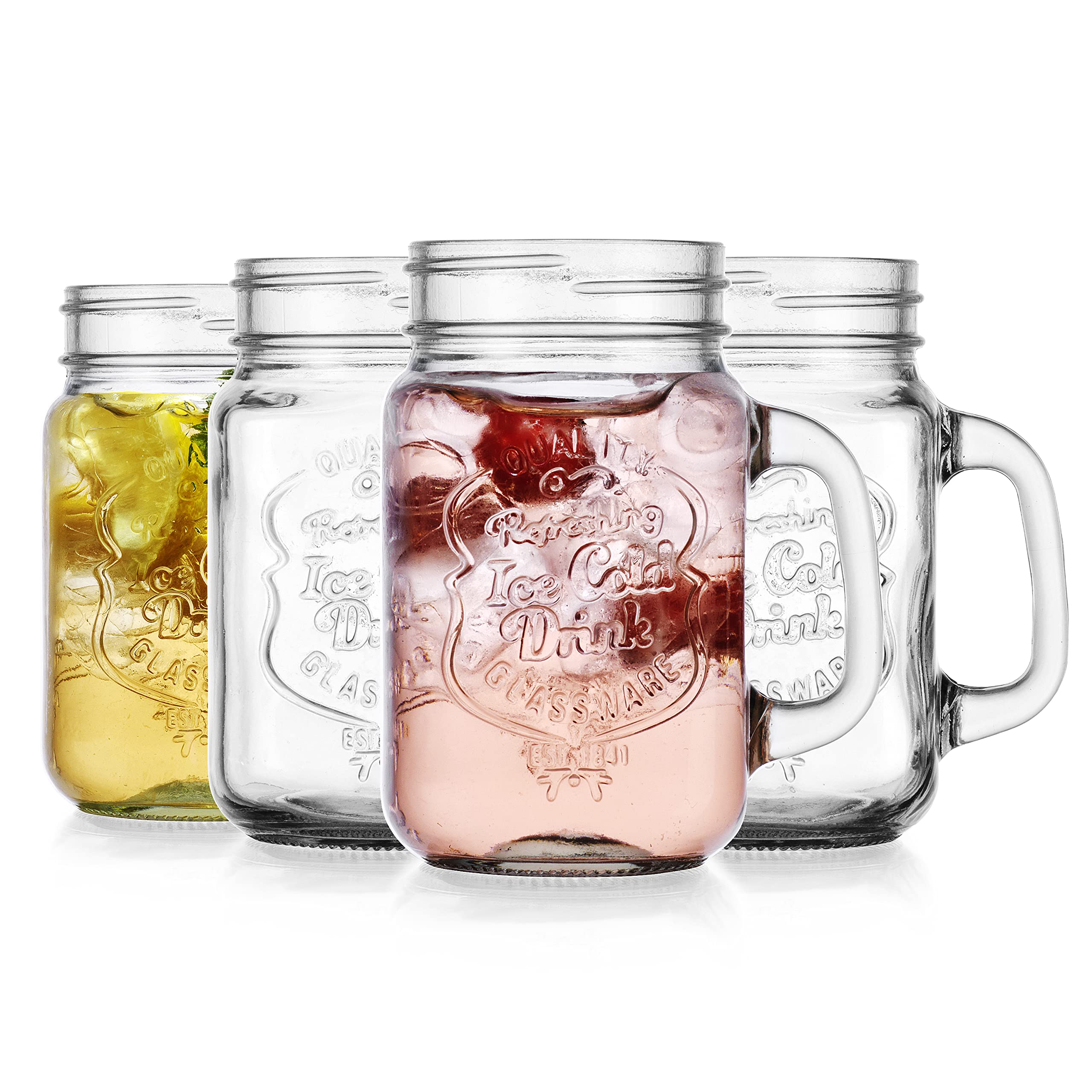 Glaver's Mason Drinking Jars β Set of 4, 16 Oz Clear Glass Jars β With Convenient Handle and Ice-Cold Embossed Logo β Ideal for Hot and Sunny Days β Perfect Glass Cups for Cold Drinks
