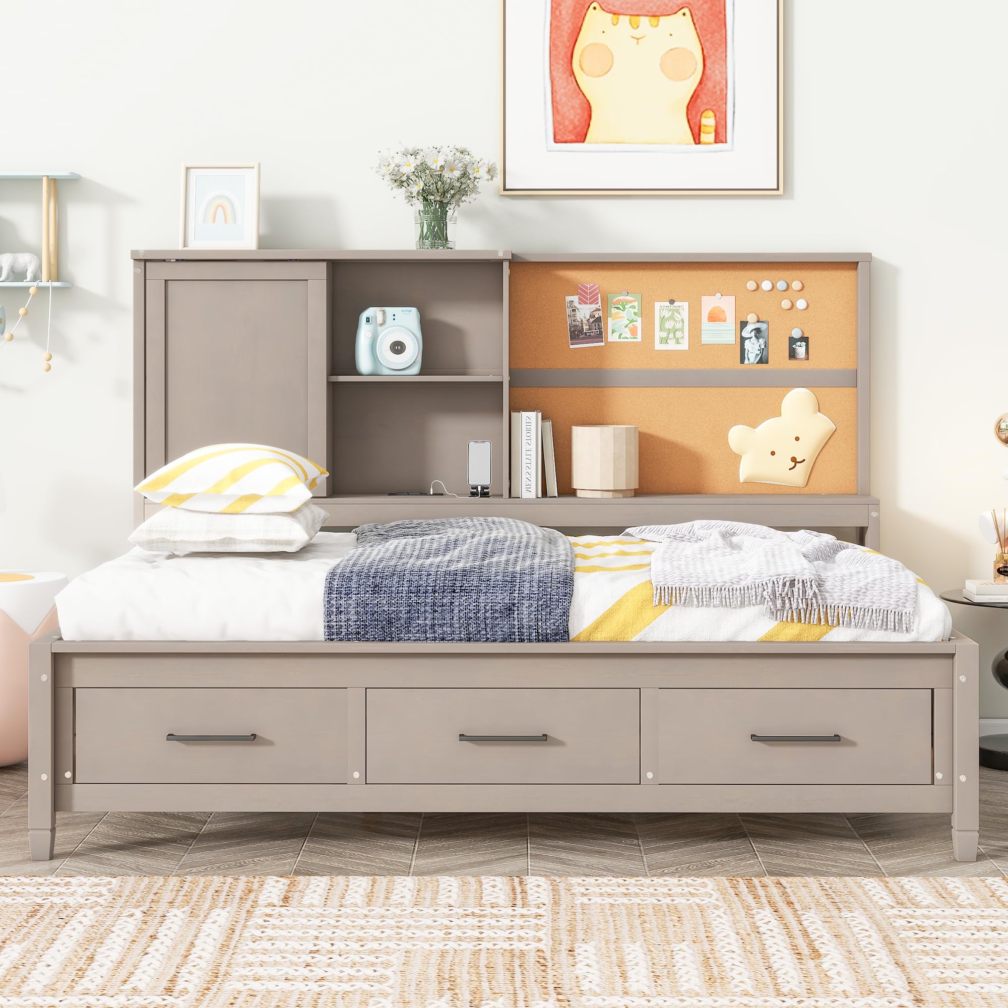 Ball & Cast Twin Daybed with Storage Shelves and 3 Drawers,Bed Frame W/USB Ports,Sliding Doors & Cork Board,for Bedroom,Guest Room,Apartment,Antique Gray