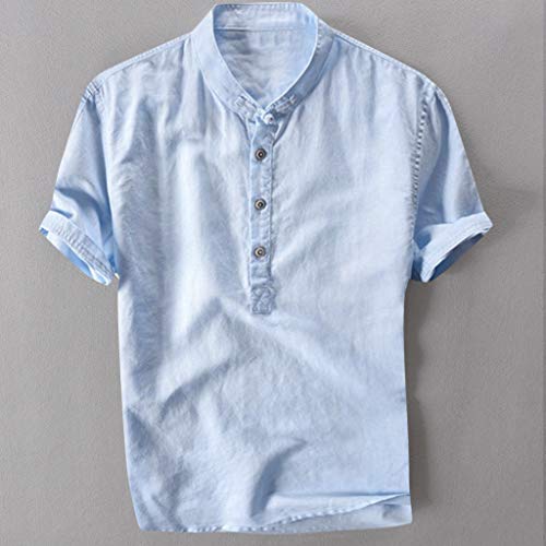 YOMXL Cotton T-Shirt Men's Solid Color Stand Collar Short Sleeve Tops Summer Button Front Tee T Shirts Blue
