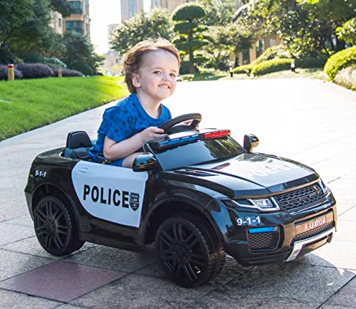 u URideon 12V Ride on Police Car for Kids, Battery Powered Electric Vehicle SUV with Remote Control, Siren, Flashing Light, Music (Black)