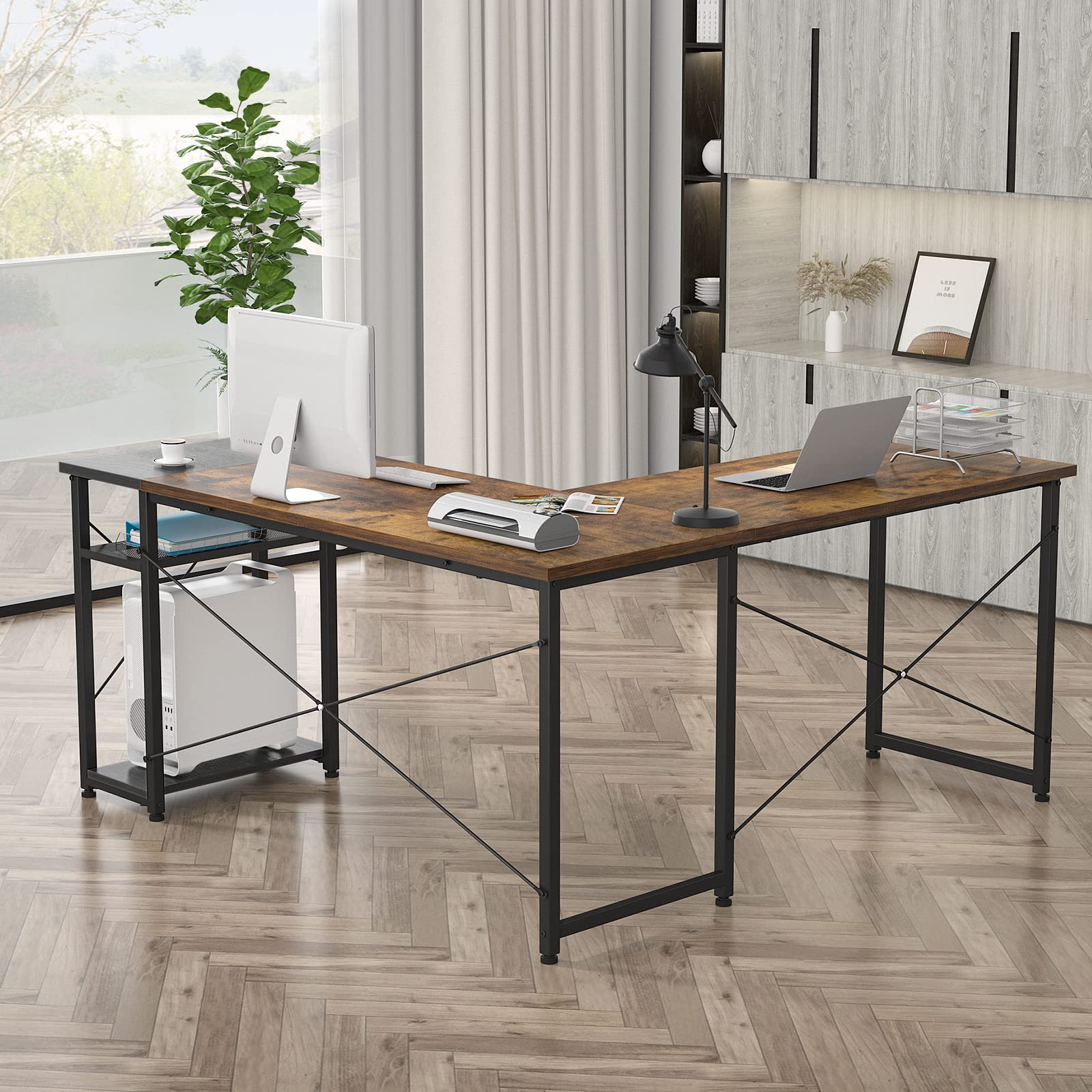 Ecoprsio L-Shaped Desk Large L Shaped Gaming Desk with Storage Shelves Industrial Corner Desk Writing Study Table for Home Office Gaming Workstation, Rustic Brown and Black