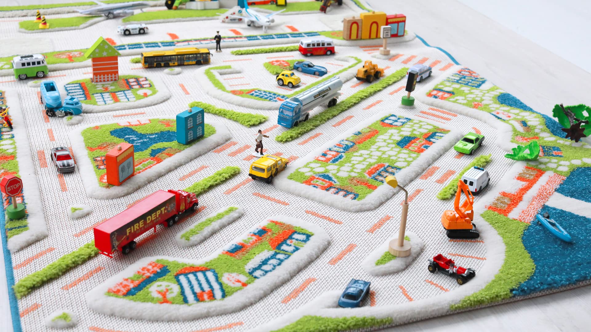 IVI 3D Play Carpets Mini City 59" L x 39" W Educational Toddler Car Mat Rug for Bedroom, Kids Den, or Playroom