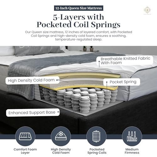 Queen Size Mattress - 12 Inch Cool Memory Foam & Spring Hybrid Mattress with Breathable Cover - Comfort Tight Top - Rolled in a Box - Oliver & Smith