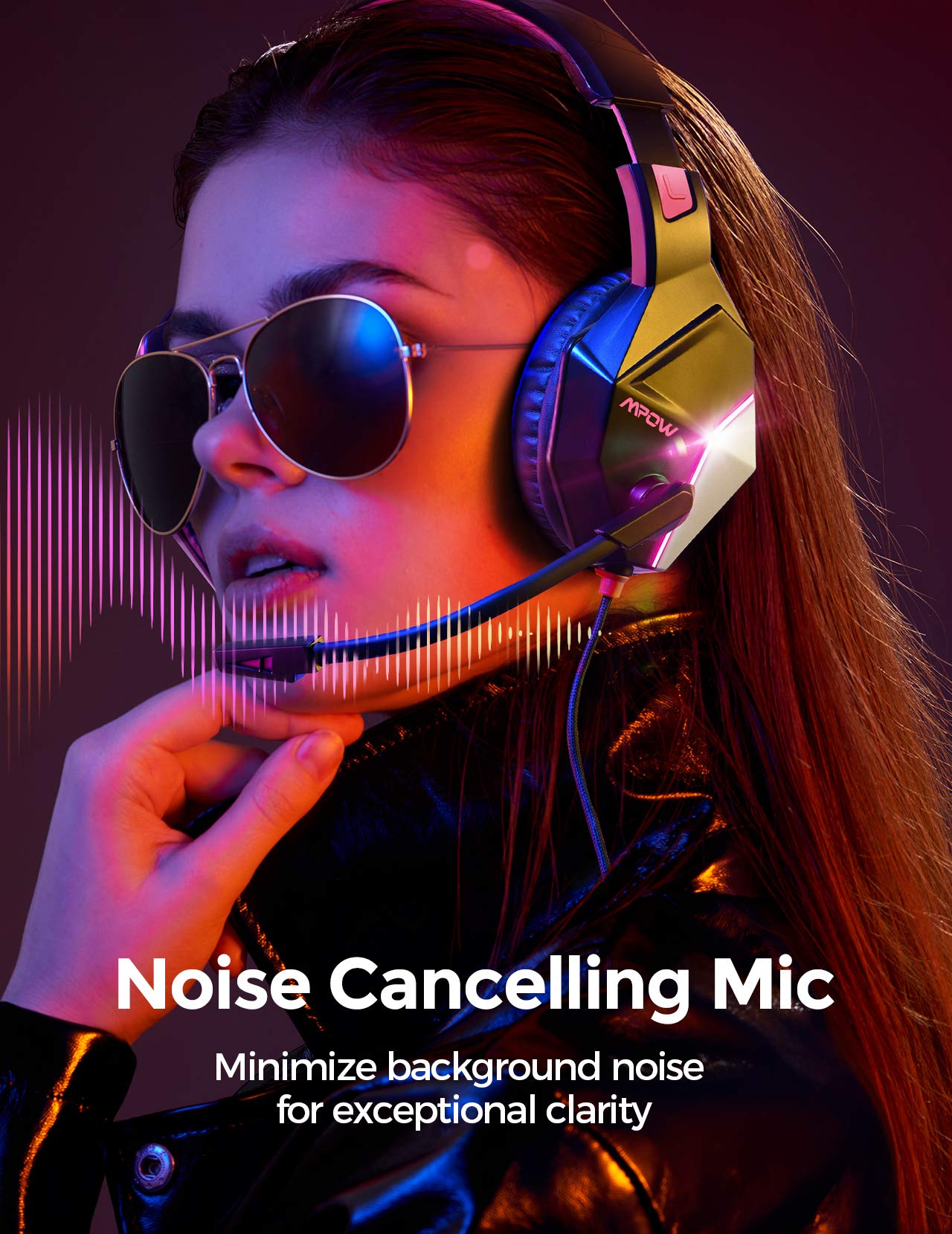 MW ACC CA Gaming Headset Pink for PS4, PS5, PC, Xbox One, Over Ear Headphones with Noise Cancelling Mic, PC Headset with Bass Surround Sound, LED Light, for Laptop Mac Switch, Girls, Kids