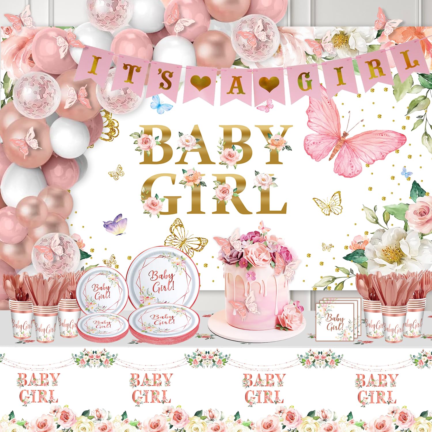 Baby Shower Decorations for Girl, 247PCS Floral Girl Baby Shower Decorations Party Supplies with Background, Disposable Tableware (24 Guests), "It's A Girl" Banner, Butterfly Balloon Kit &Tablecloth