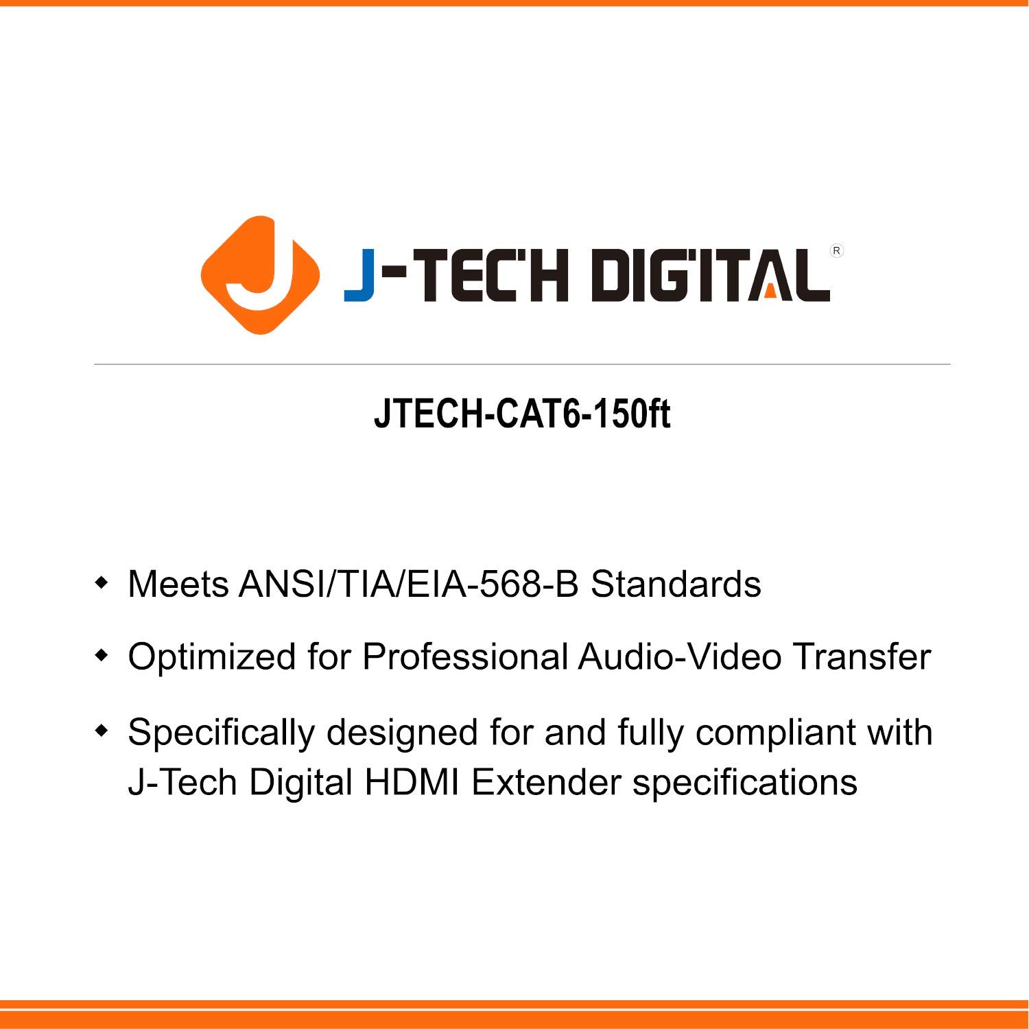 J-Tech Digital Cat6 Ethernet Cable 150 Ft Solid 23AWG UTP 100% Pure Copper for Network and High Performance Video and Audio Transmission [JTECH-CAT6-150ft]
