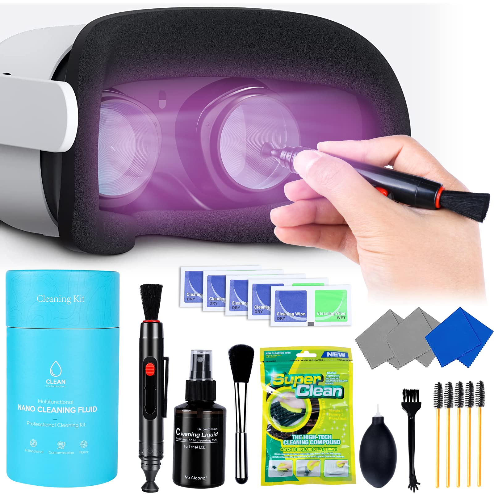 AKIKI VR Headset Cleaning Kit, Lens Cleaner kit for Meta/Oculus Quest 2 Quest RiftS HTC Vive Pro Cosmos Elite Valve Index PS4 VR Pimax Pico VR Headset,Microsoft HoloLens,Cameras,Optical Lens Dust
