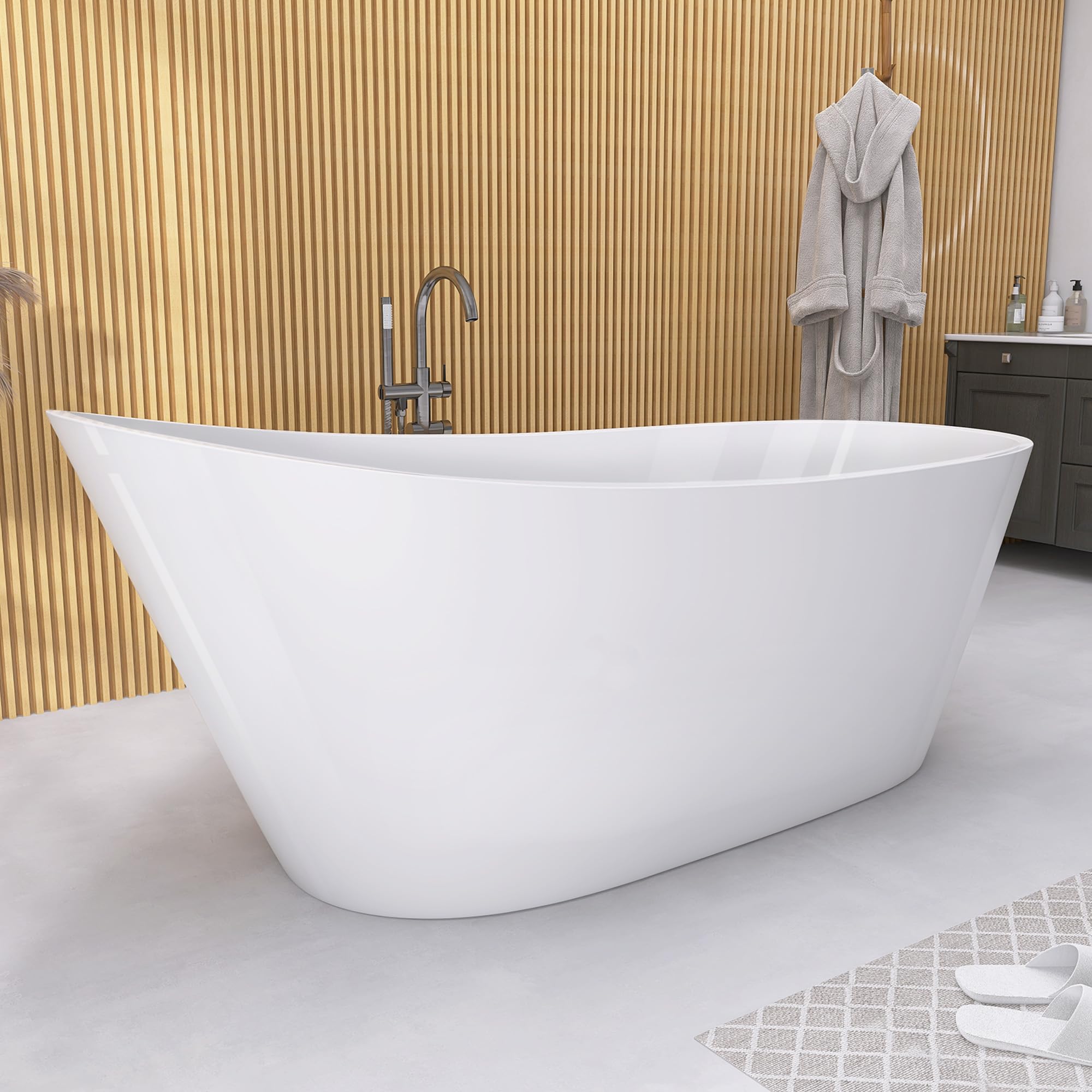 GETPRO Free Standing Tub 59" Acrylic Freestanding Bathtub Adjustable Soaking Bath Tub Oval Shape with Integrated Slotted Overflow and Chrome Anti-clogging Drain Glossy White
